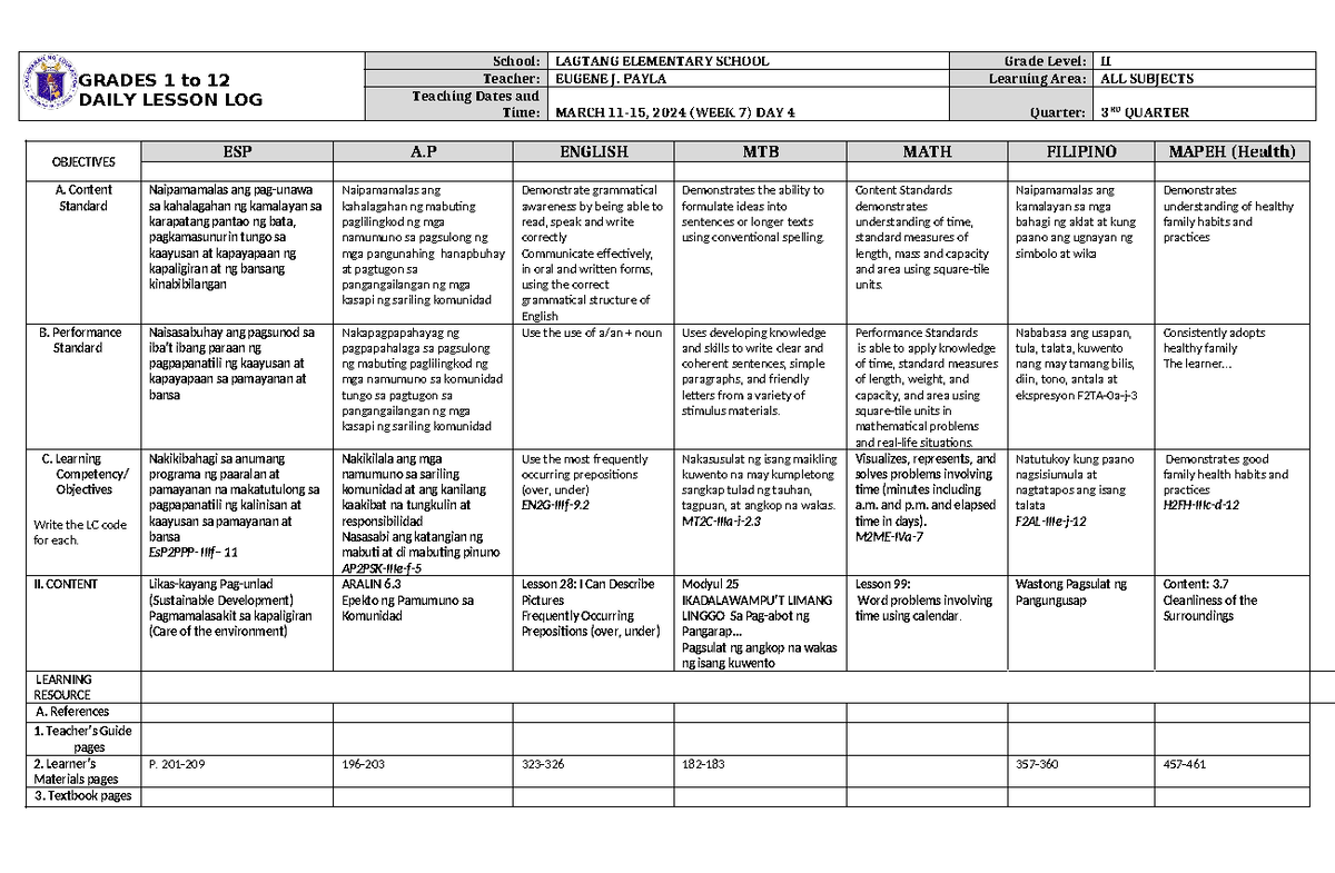 DLL ALL Subjects 2 Q3 W7 D4 - GRADES 1 to 12 DAILY LESSON LOG School: LAGTANG ELEMENTARY SCHOOL ...