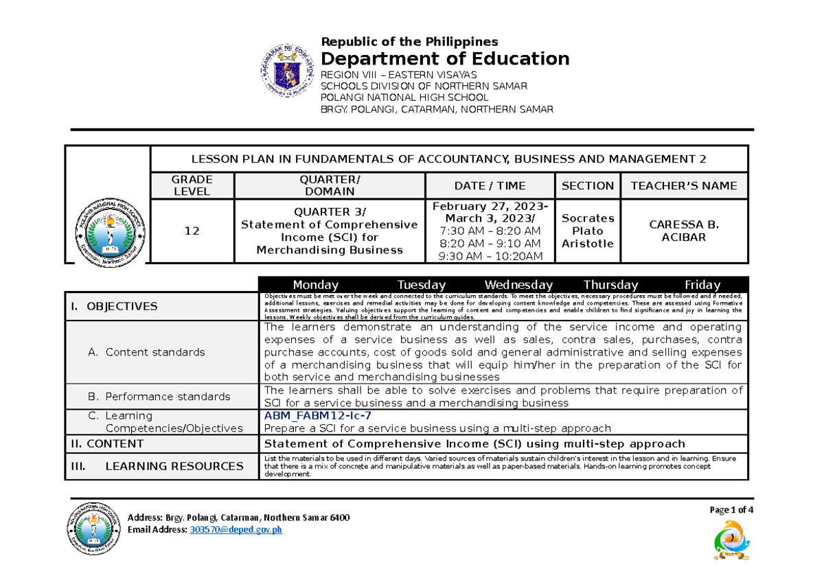 WEEK 3 FEB 27-MAR 3 2023 - lesson plan week 3 - Page 1 of 4 Republic of ...