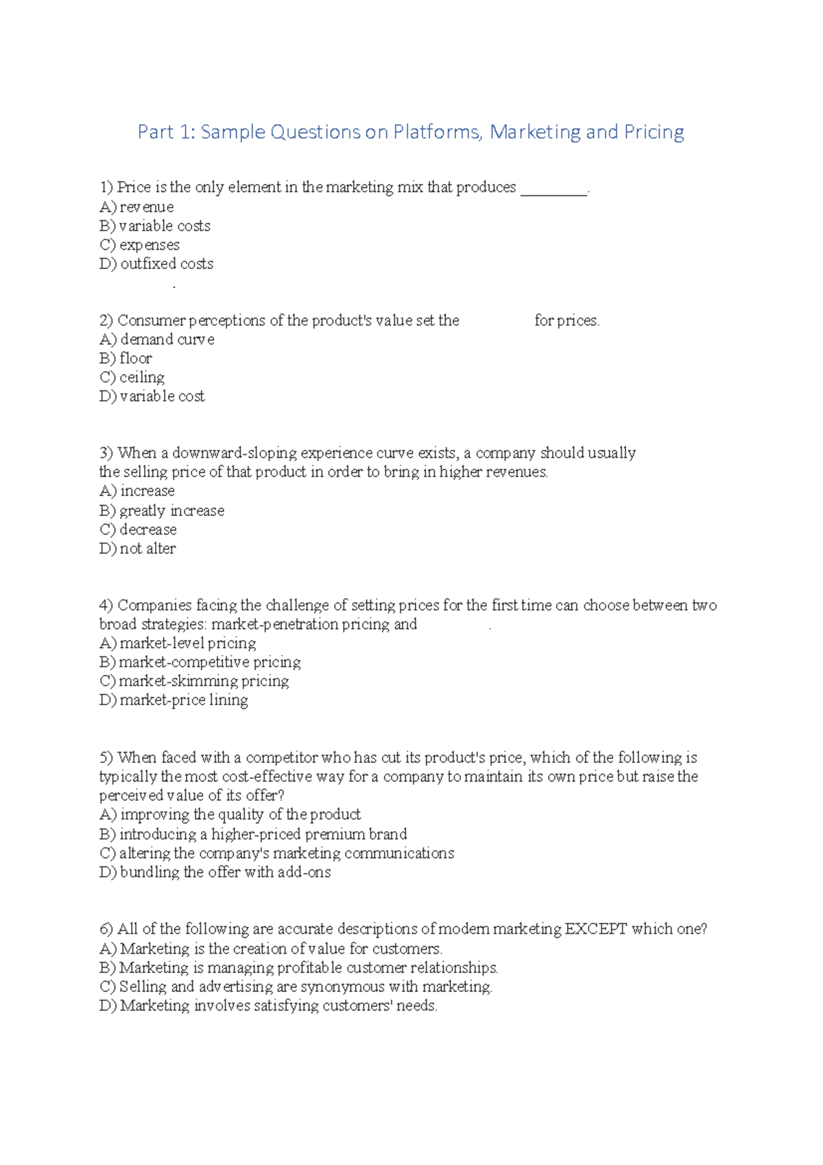 Final Sample - NIL - Part 1: Sample Questions on Platforms, Marketing ...