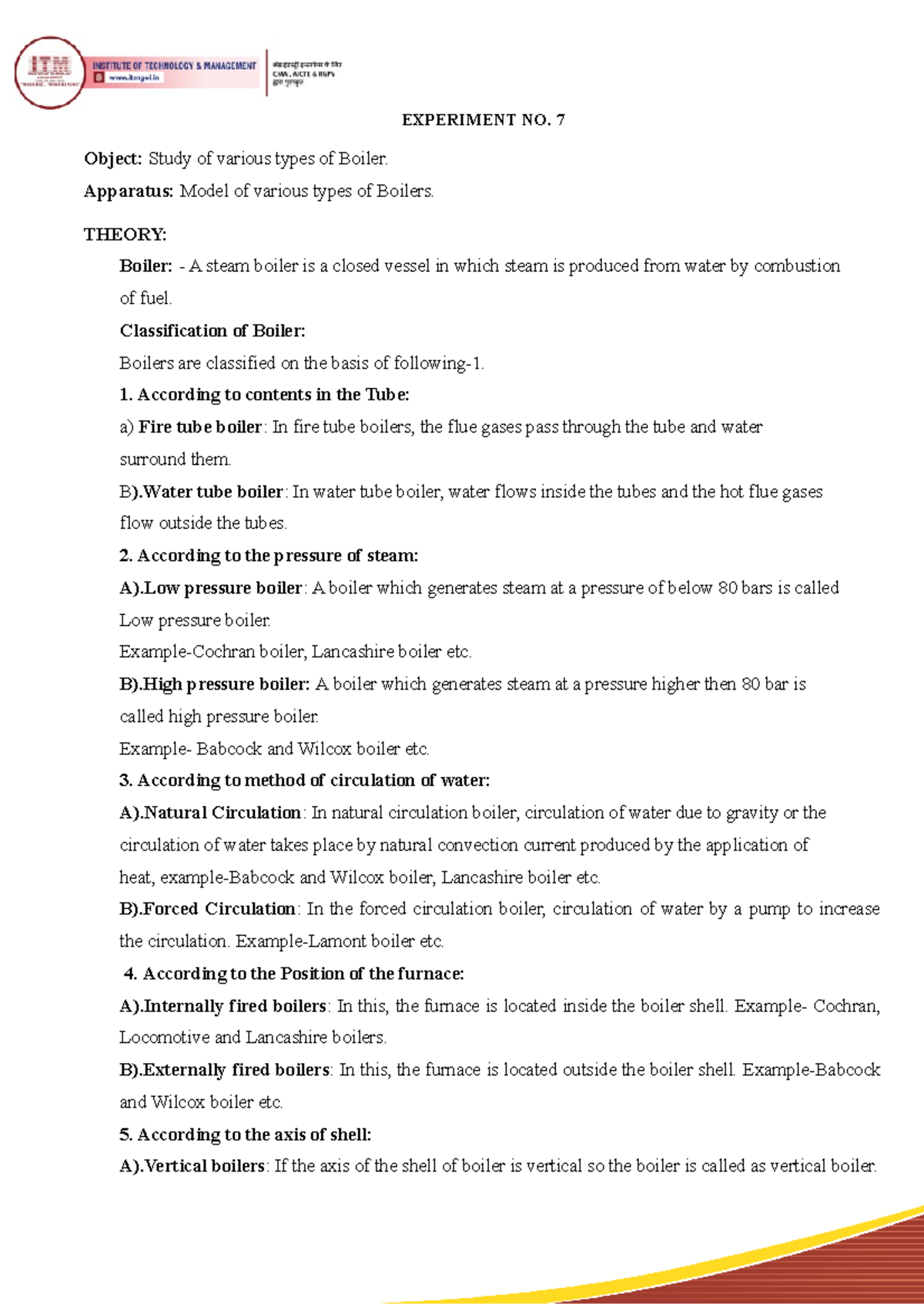 Boiler manual - EXPERIMENT NO. 7 Object: Study of various types of ...