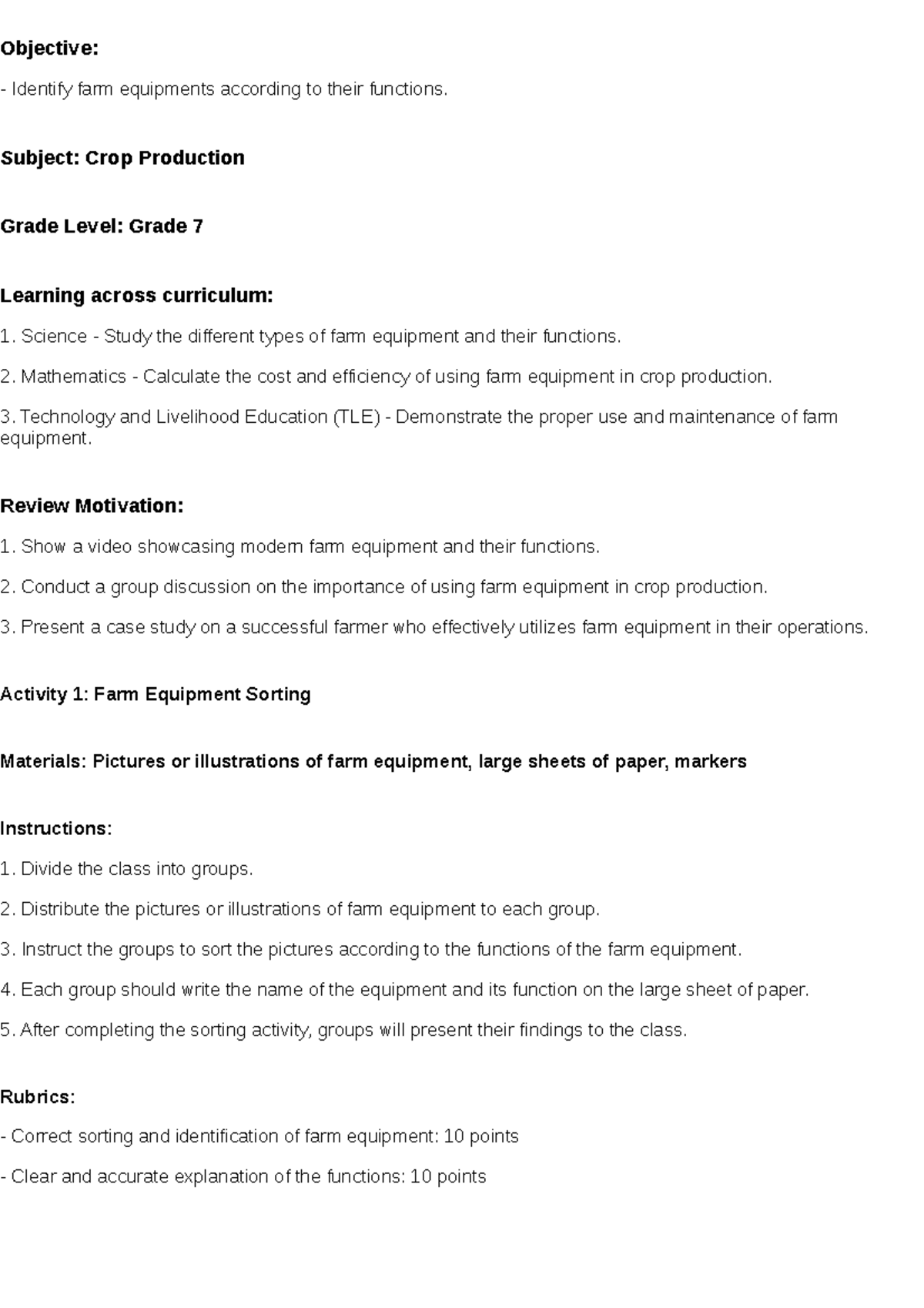 Lesson plan - Objective: Identify farm equipments according to their ...