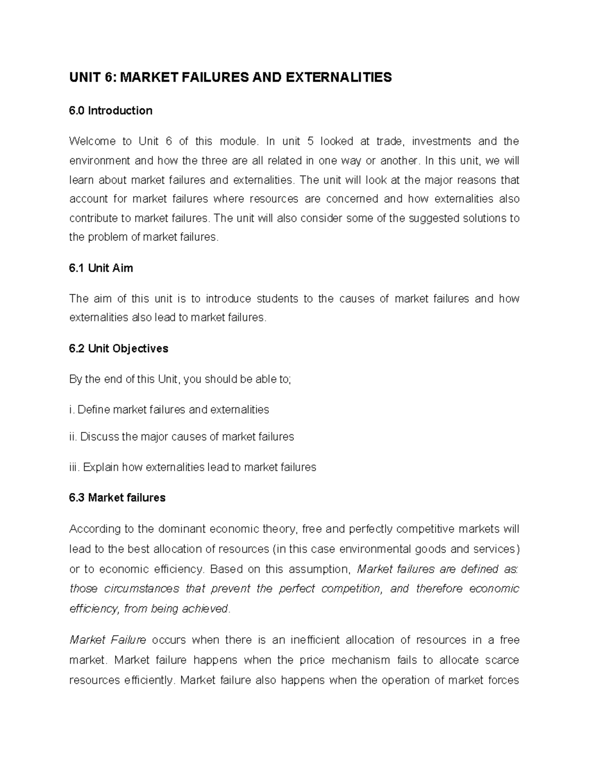 UNIT 6 - Lecture note environmental economics - UNIT 6: MARKET FAILURES ...