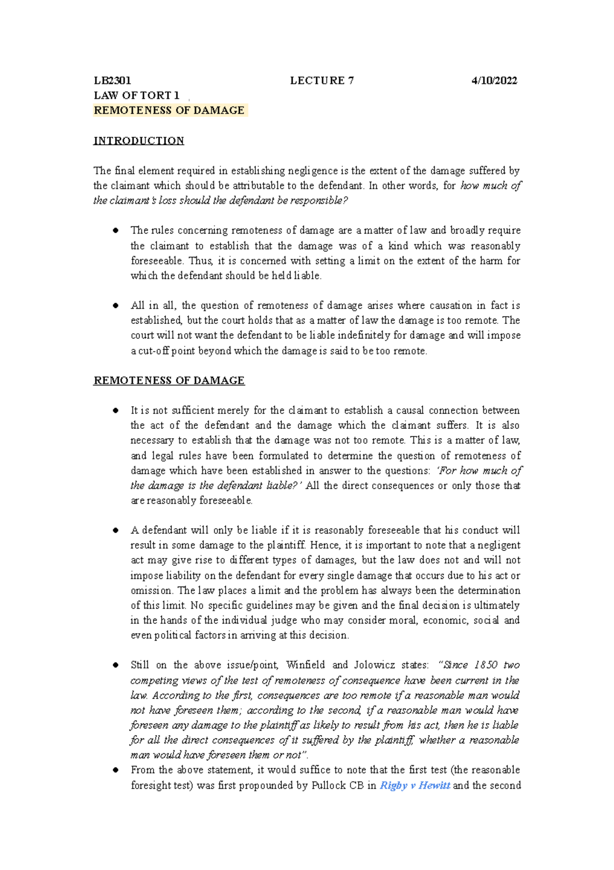 LB2301 Tort Lecture 7 - LB2301 LECTURE 7 4/10/ LAW OF TORT 1 REMOTENESS ...