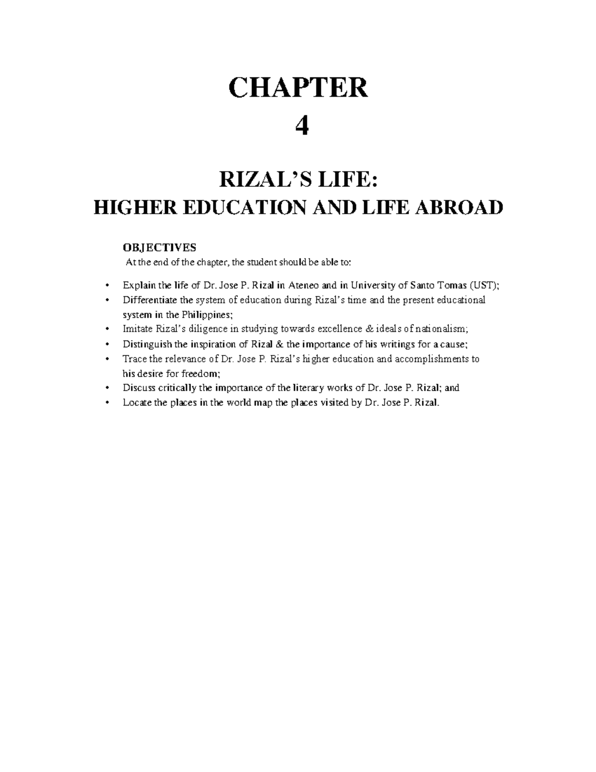 LWR Readings Chapter 4 - Rizal education - CHAPTER 4 RIZAL’S LIFE ...
