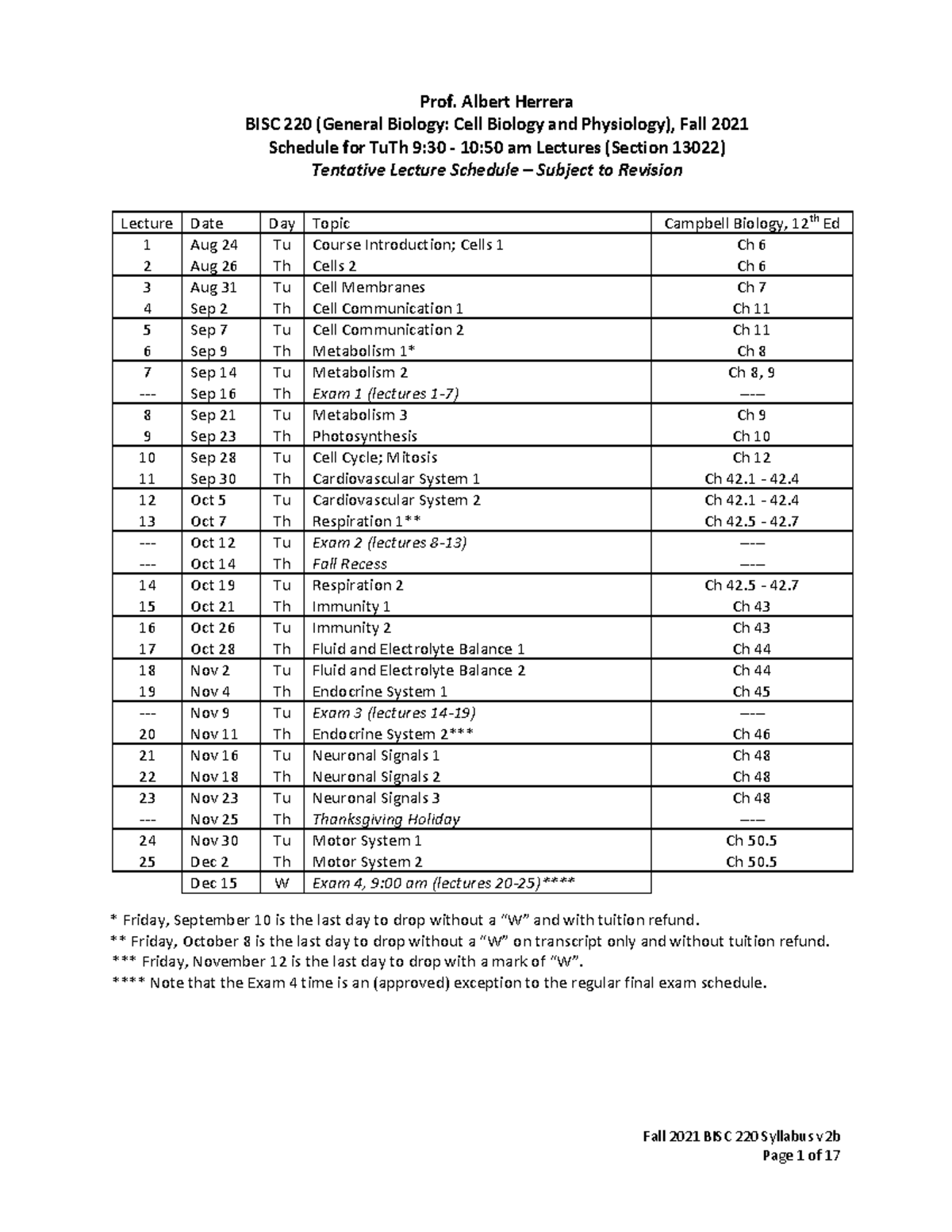 Fall 2021 BISC 220 Syllabus v2b - Albert Herrera BISC 220 (General ...
