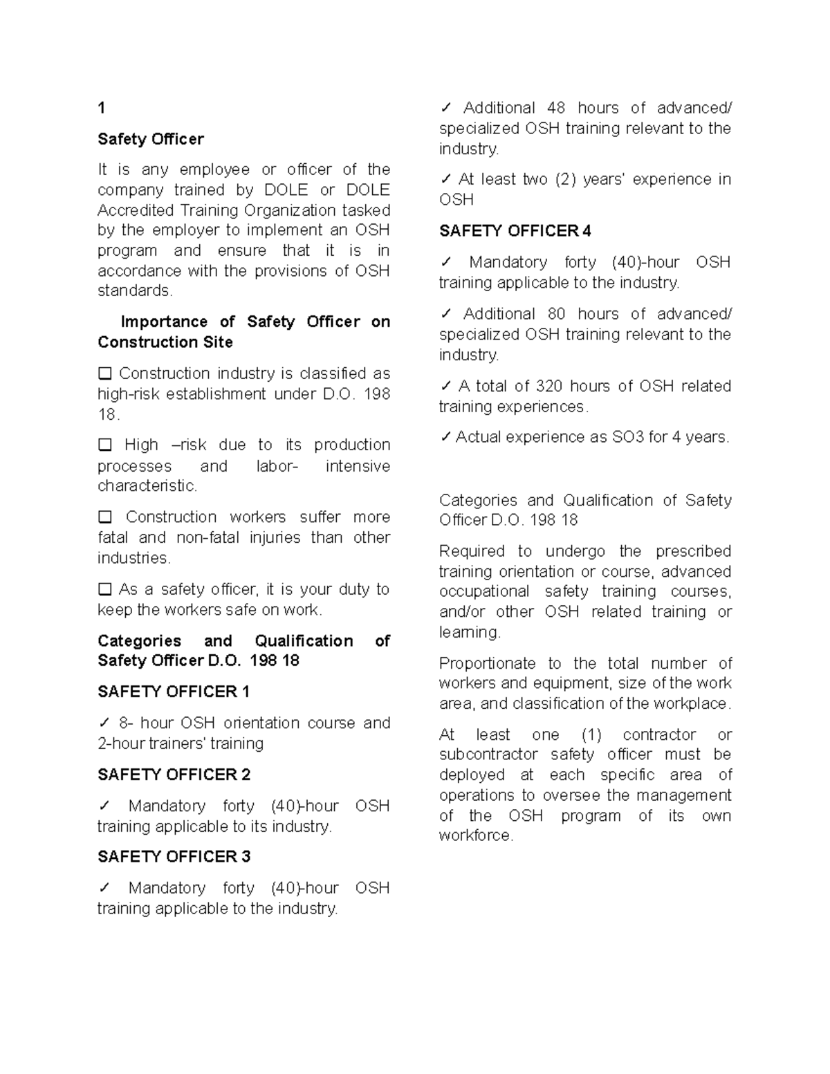 COSH notes - 1 Safety Officer It is any employee or officer of the ...