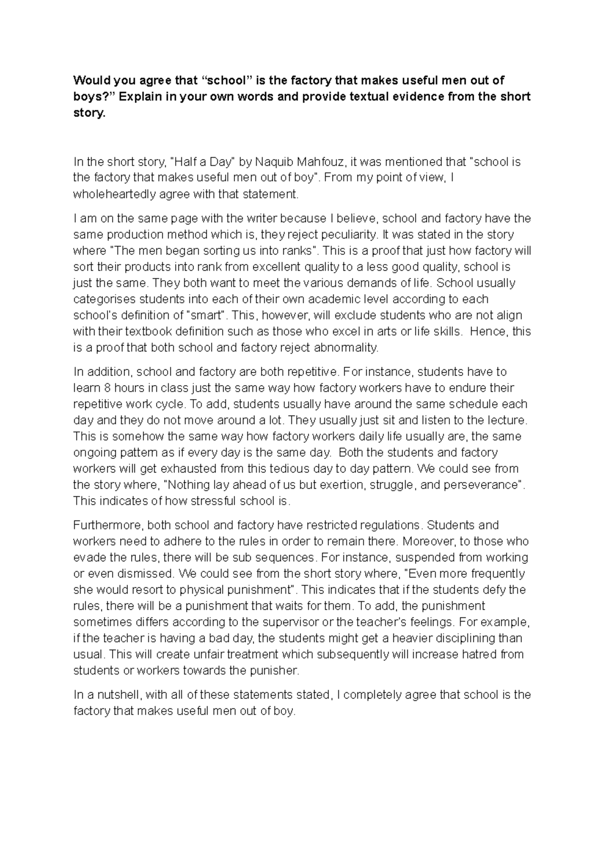 Literarure - Literature Essays Exercises - Would you agree that “school ...