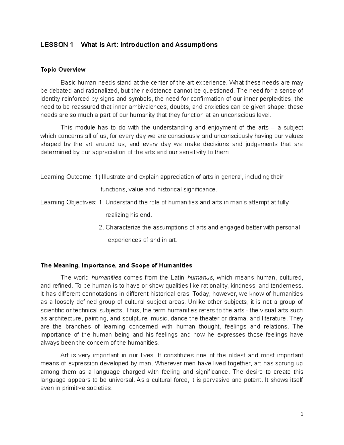 Module-ONE- Final - LESSON 1 What Is Art: Introduction and Assumptions ...