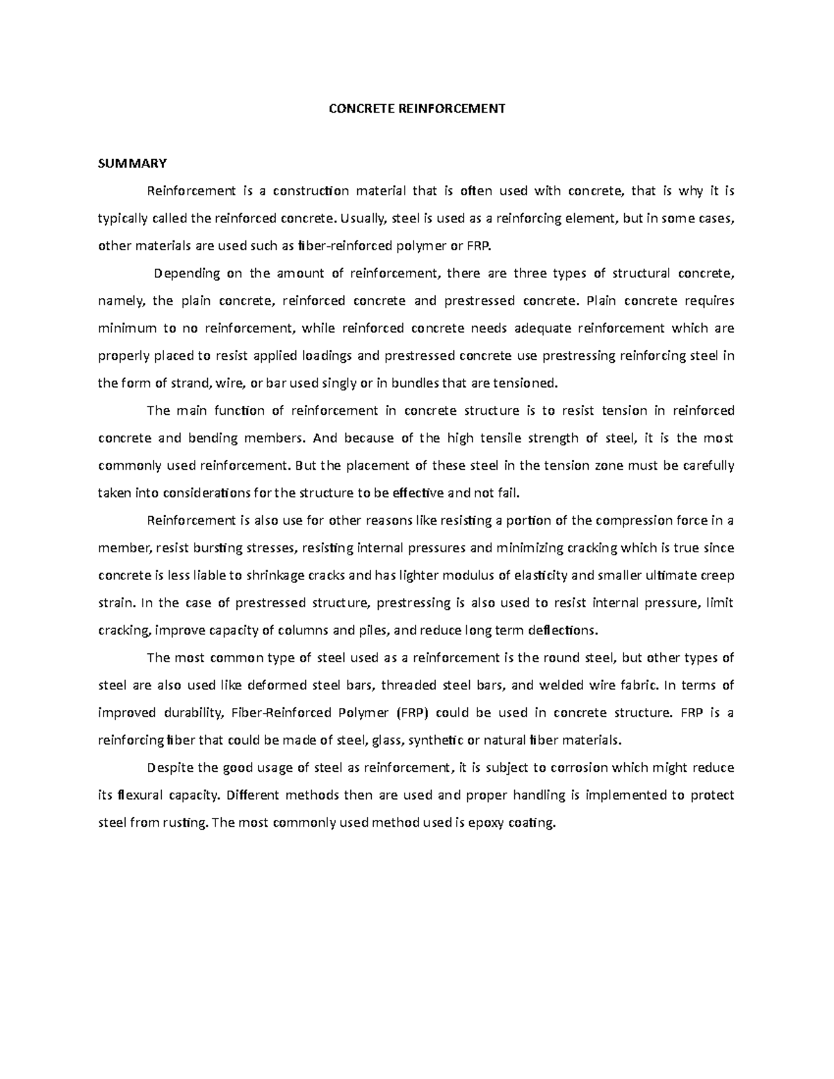 Concrete Reinforcement - CONCRETE REINFORCEMENT SUMMARY Reinforcement ...
