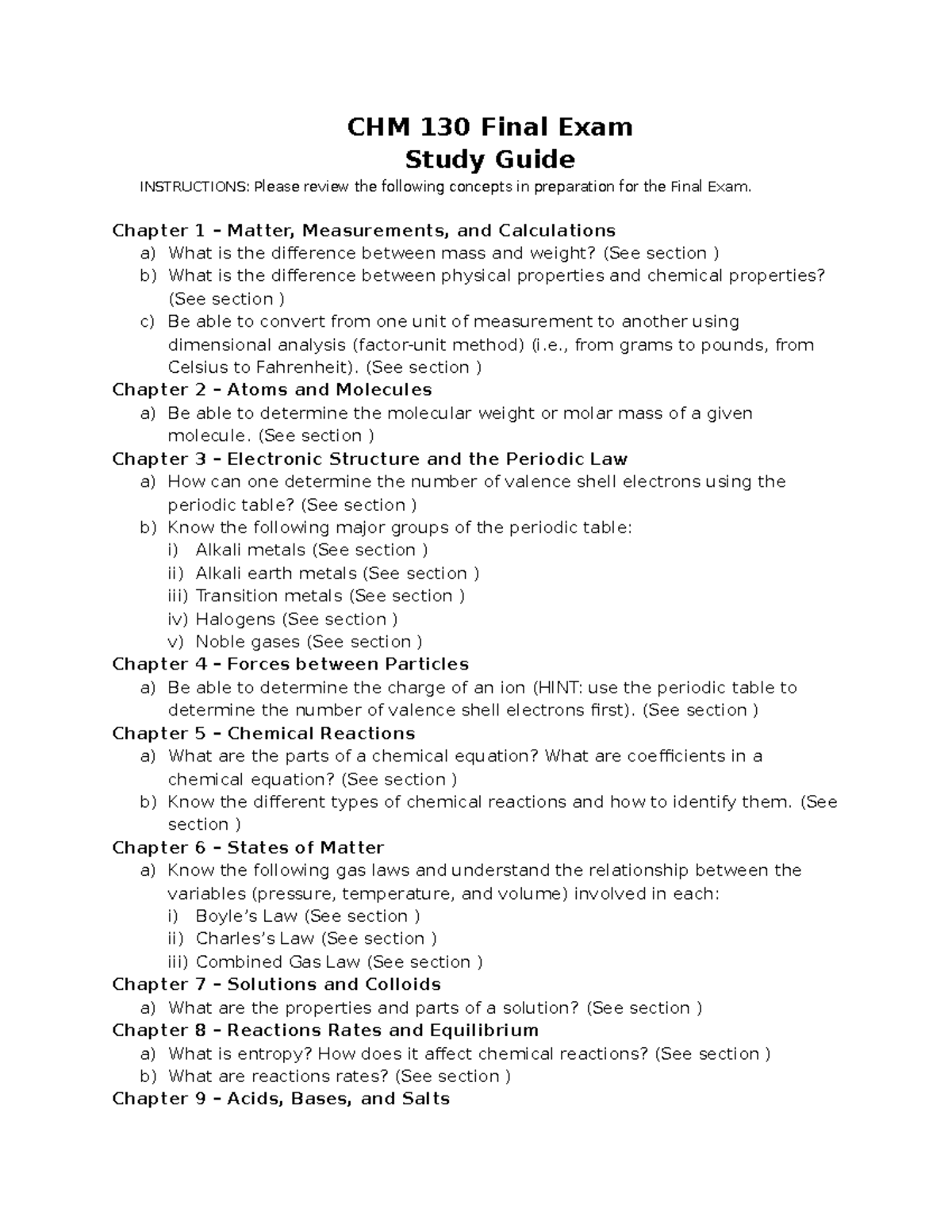 CHM 130 Final Exam Study Guide - CHM 130 Final Exam Study Guide ...