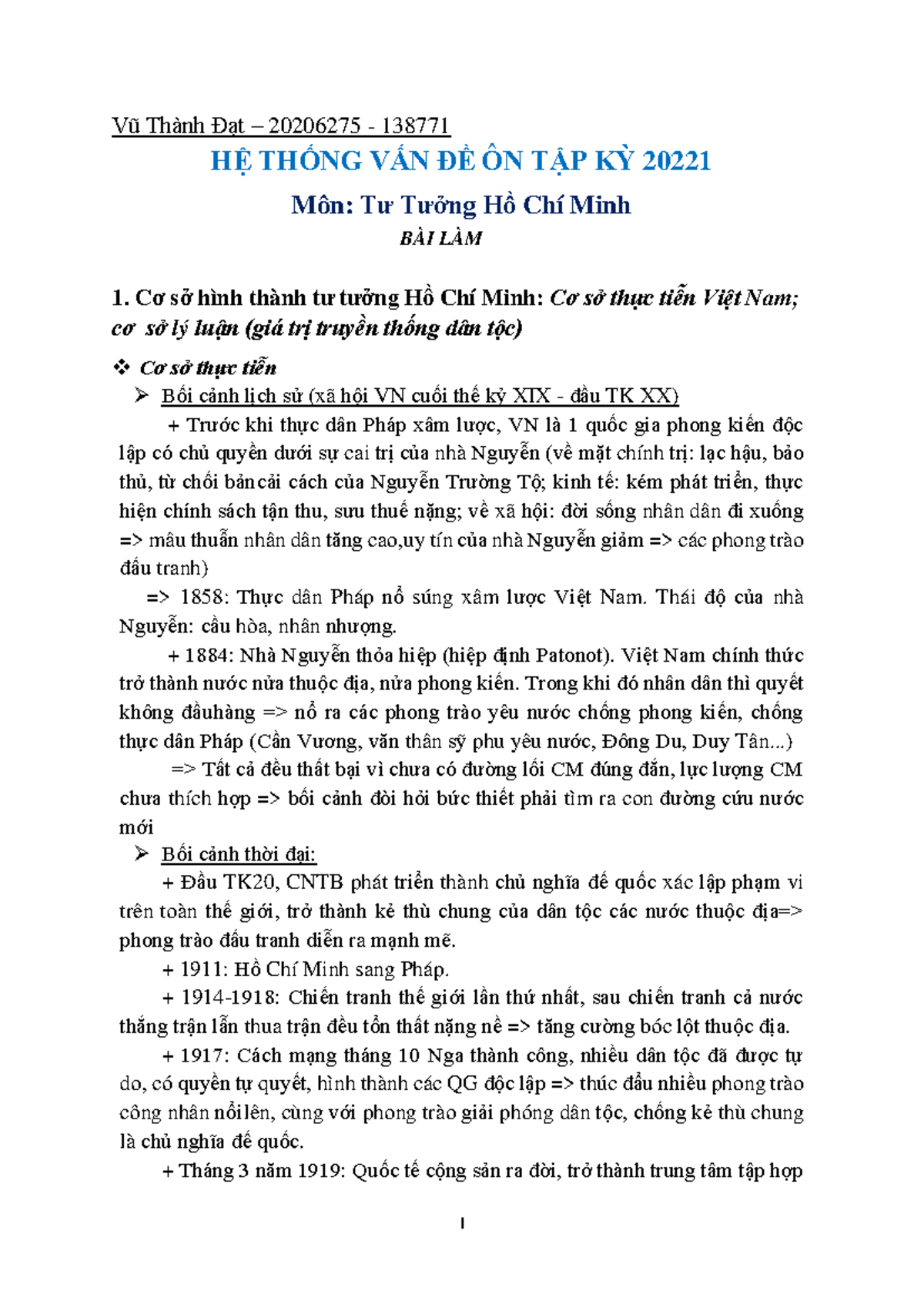 Dctthcm-Vu Thanh Dat-20206275 - Vũ Thành Đạt – 20206275 - 138771 HỆ THỐNG VẤN ĐỀ ÔN TẬP KỲ 20221 ...