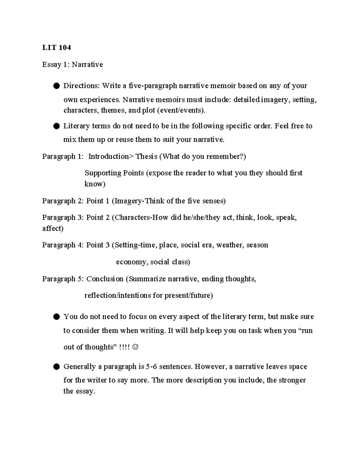 ENG 104 Narrative Instructions-1 - LIT 104 Essay 1: Narrative ...