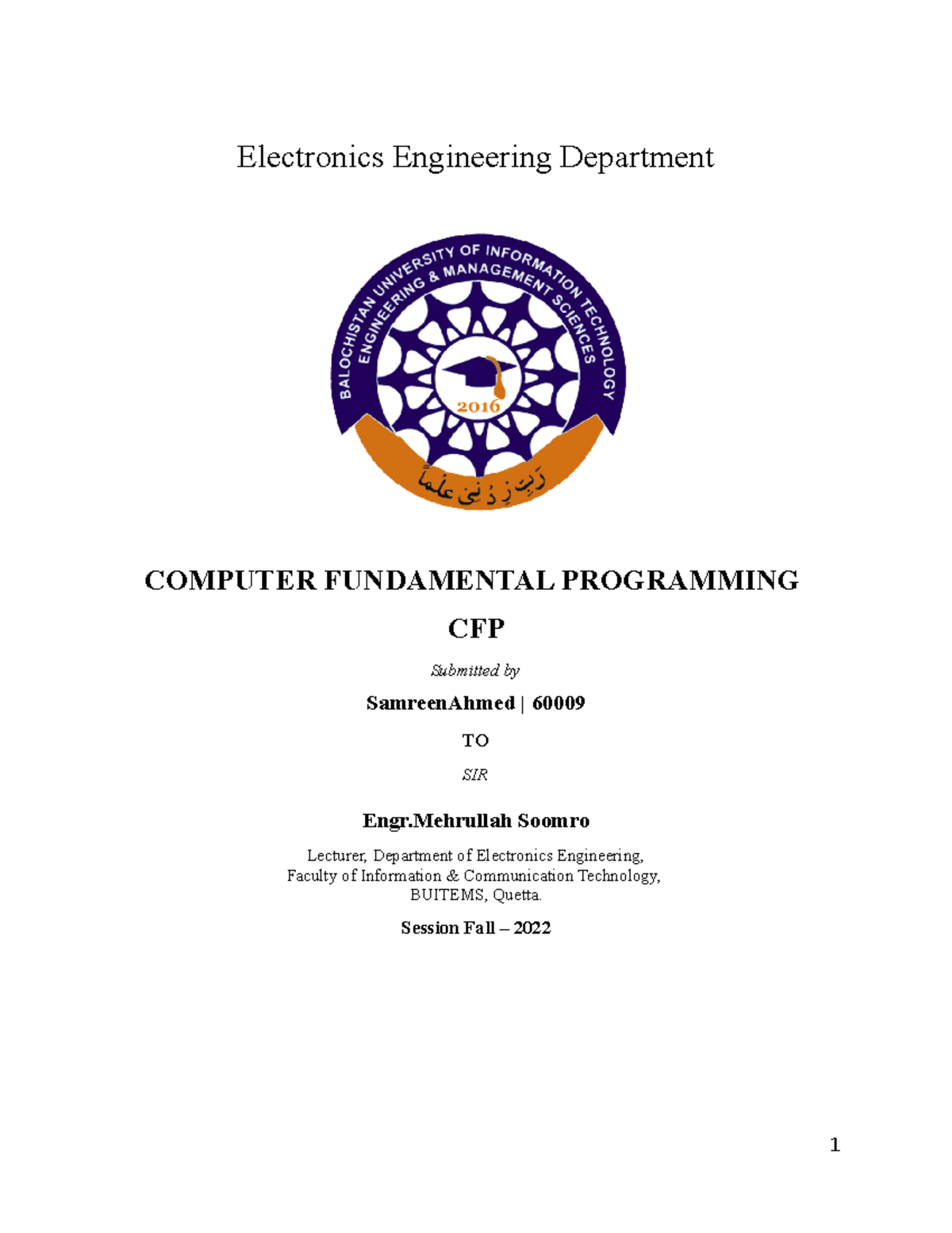 60009 Samreen EE1 CFP As1 - Electronics Engineering Department COMPUTER FUNDAMENTAL PROGRAMMING ...