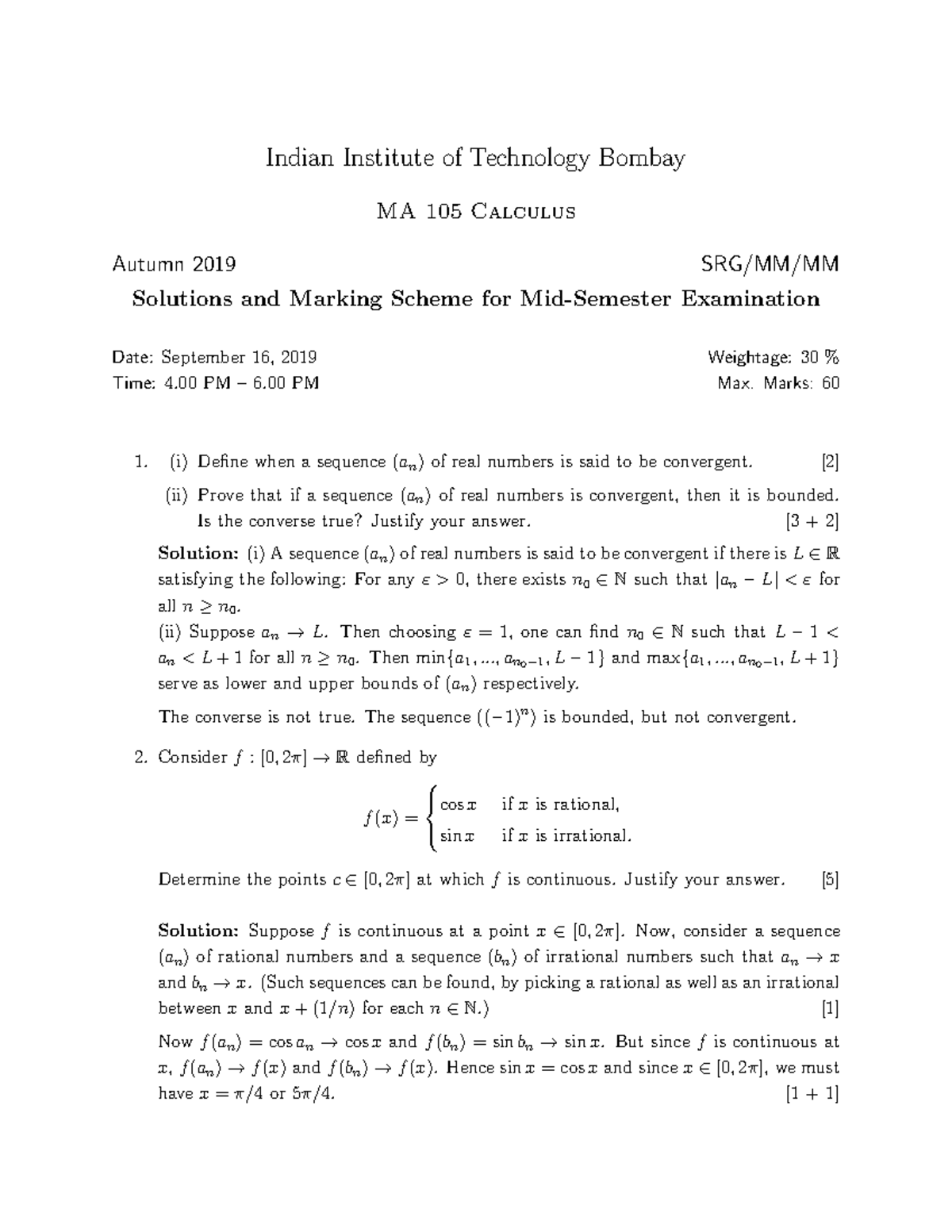 2019 Midsem Paper - Indian Institute of Technology Bombay MA 105 ...