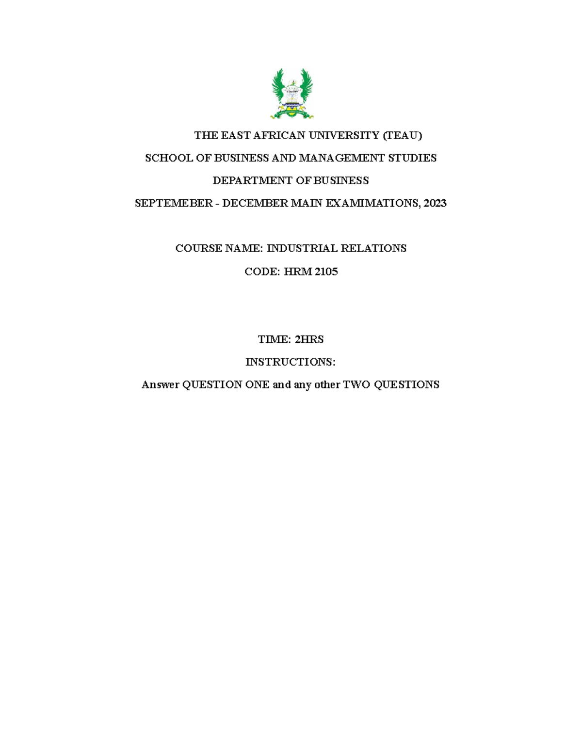 HRM 2105 - Idustrial Relations - THE EAST AFRICAN UNIVERSITY (TEAU ...