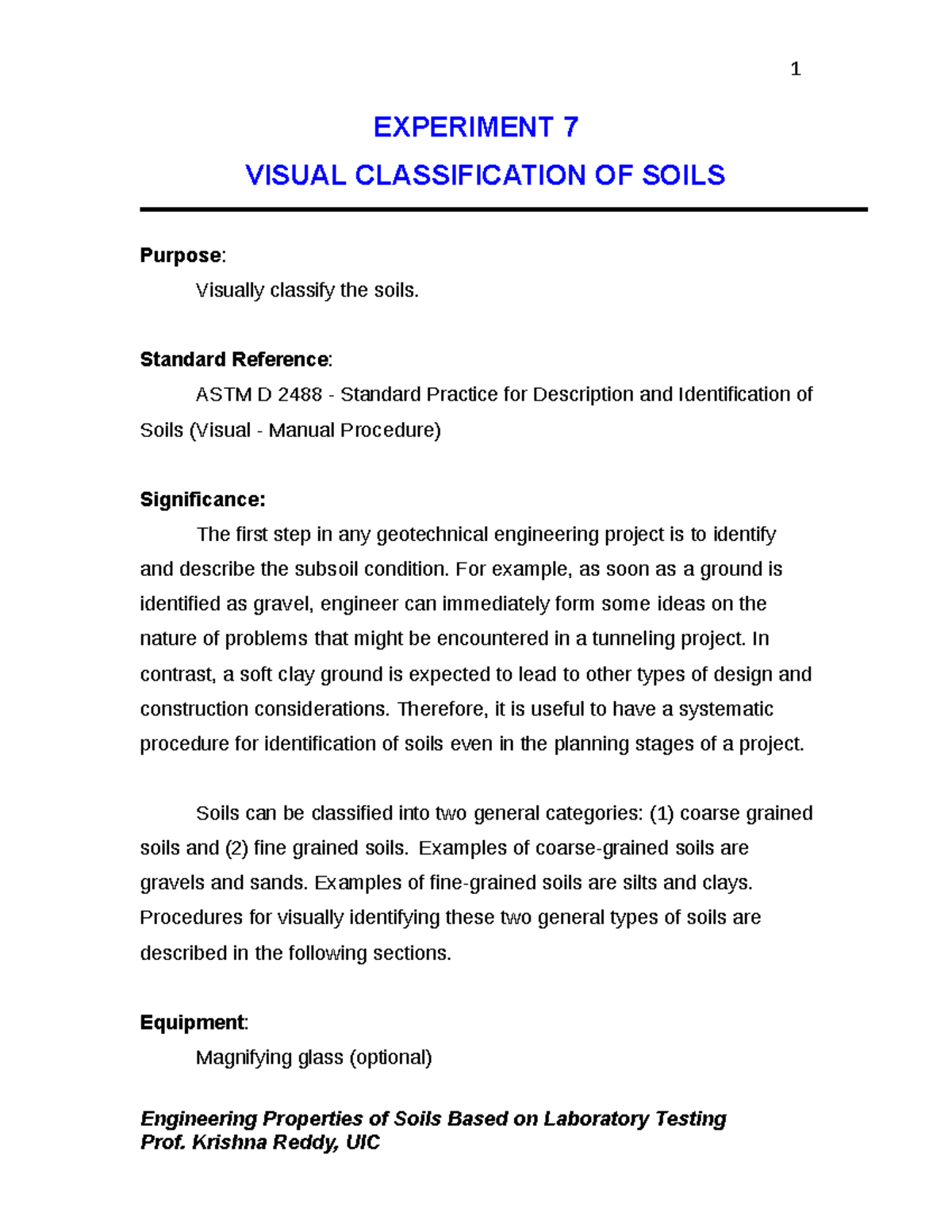 Experiment Visual Classification - 1 Engineering Properties of Soils ...