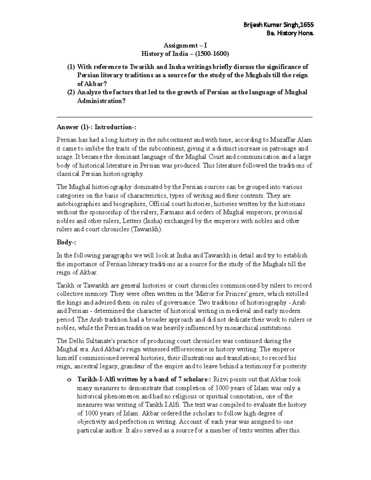 Assignment HOI (1500-1600) - Ba. History Hons. Assignment – I History of India – (1500-1600) (1 ...