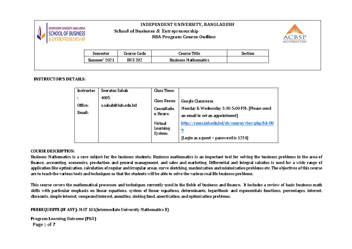 Bus 202 course outline - There is no additional information about that ...