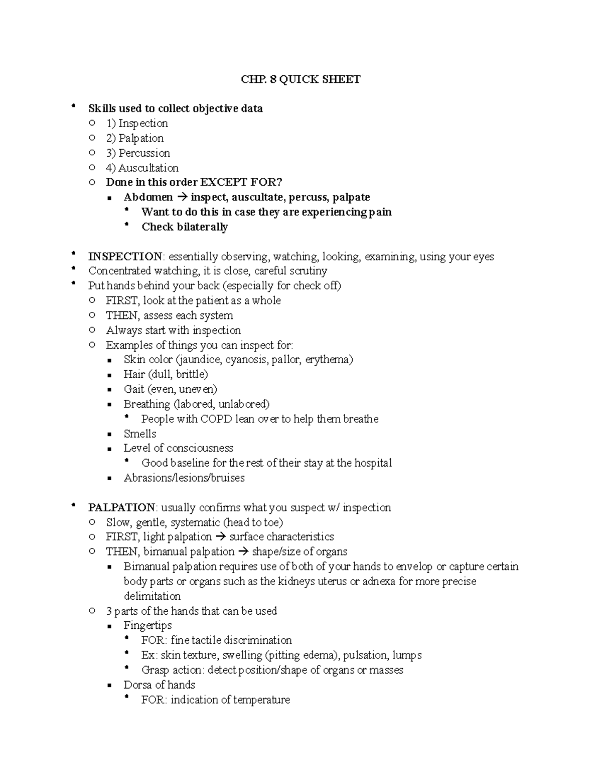 Chapter 8 Quick Sheet - CHP. 8 QUICK SHEET • Skills used to collect ...