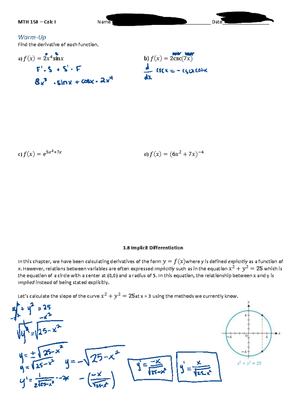 3.8 implicit differentiation - MTH 150 – Calc I Name ____________________________________ - Studocu