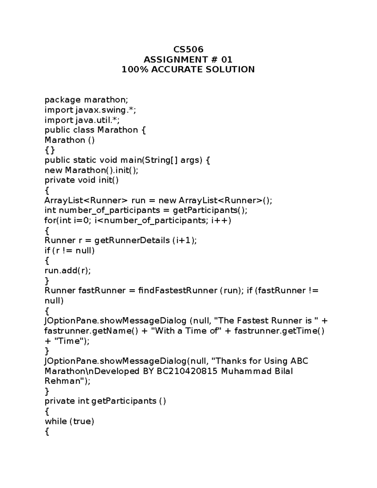 CS506 assignment # 01 2024 - CS ASSIGNMENT # 01 100% ACCURATE SOLUTION package marathon; import ...