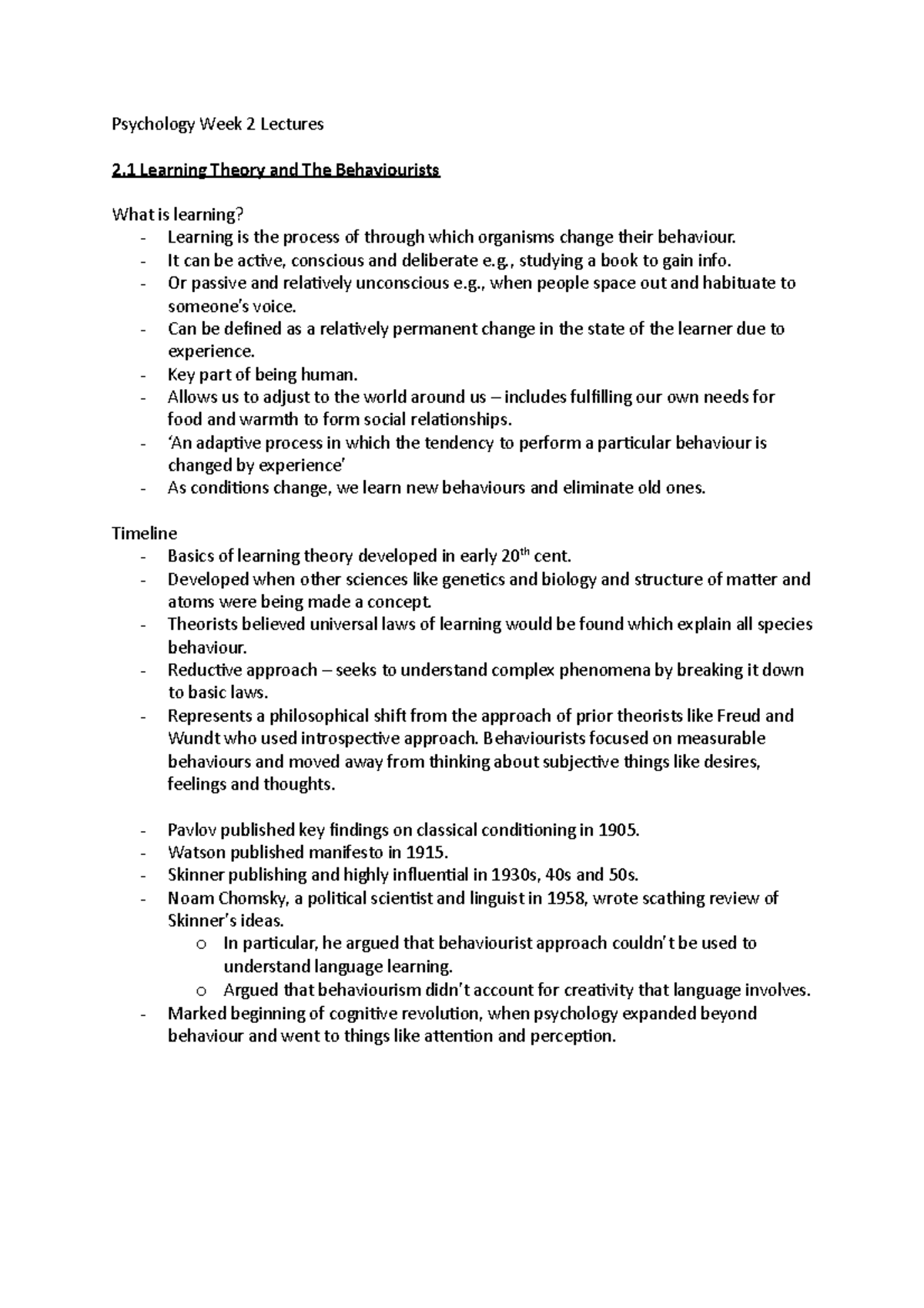 Psychology Week 2 Lectures - Psychology Week 2 Lectures 2 Learning ...