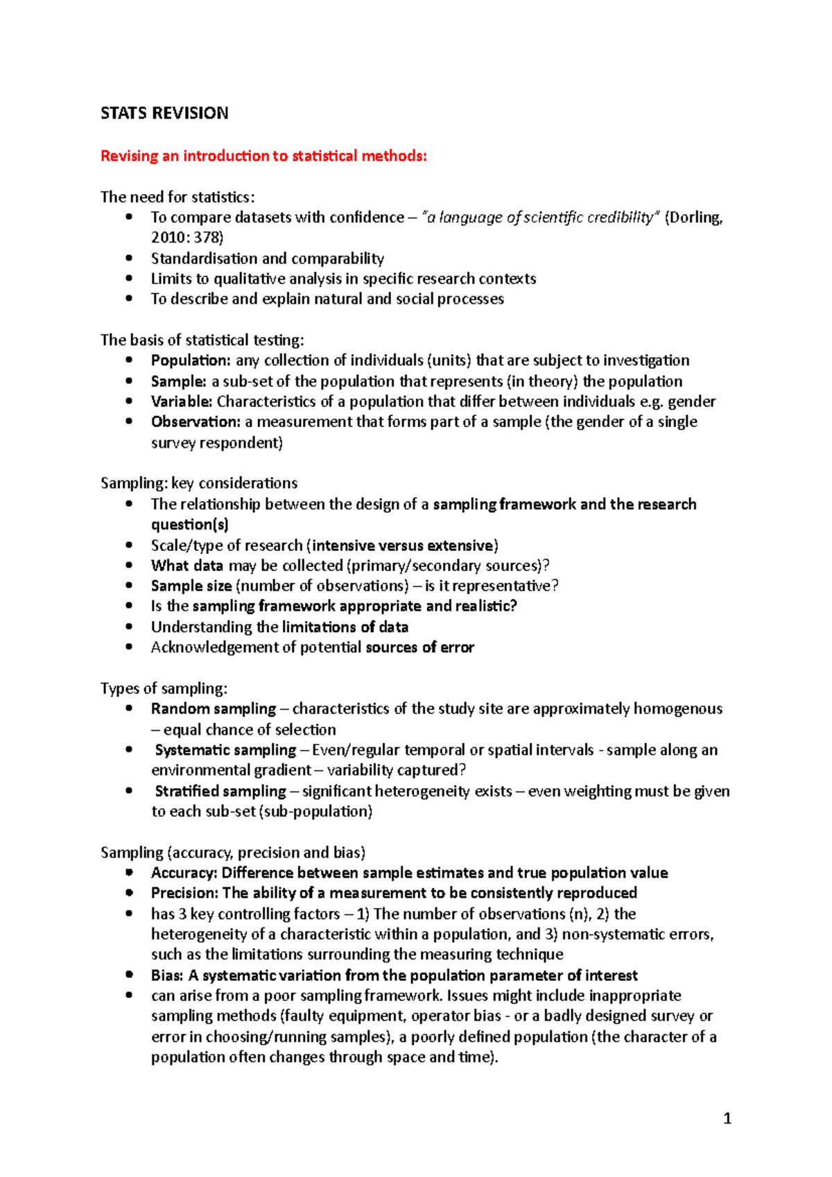 Stats Revision - 2nd year - STATS REVISION Revising an introduction to ...