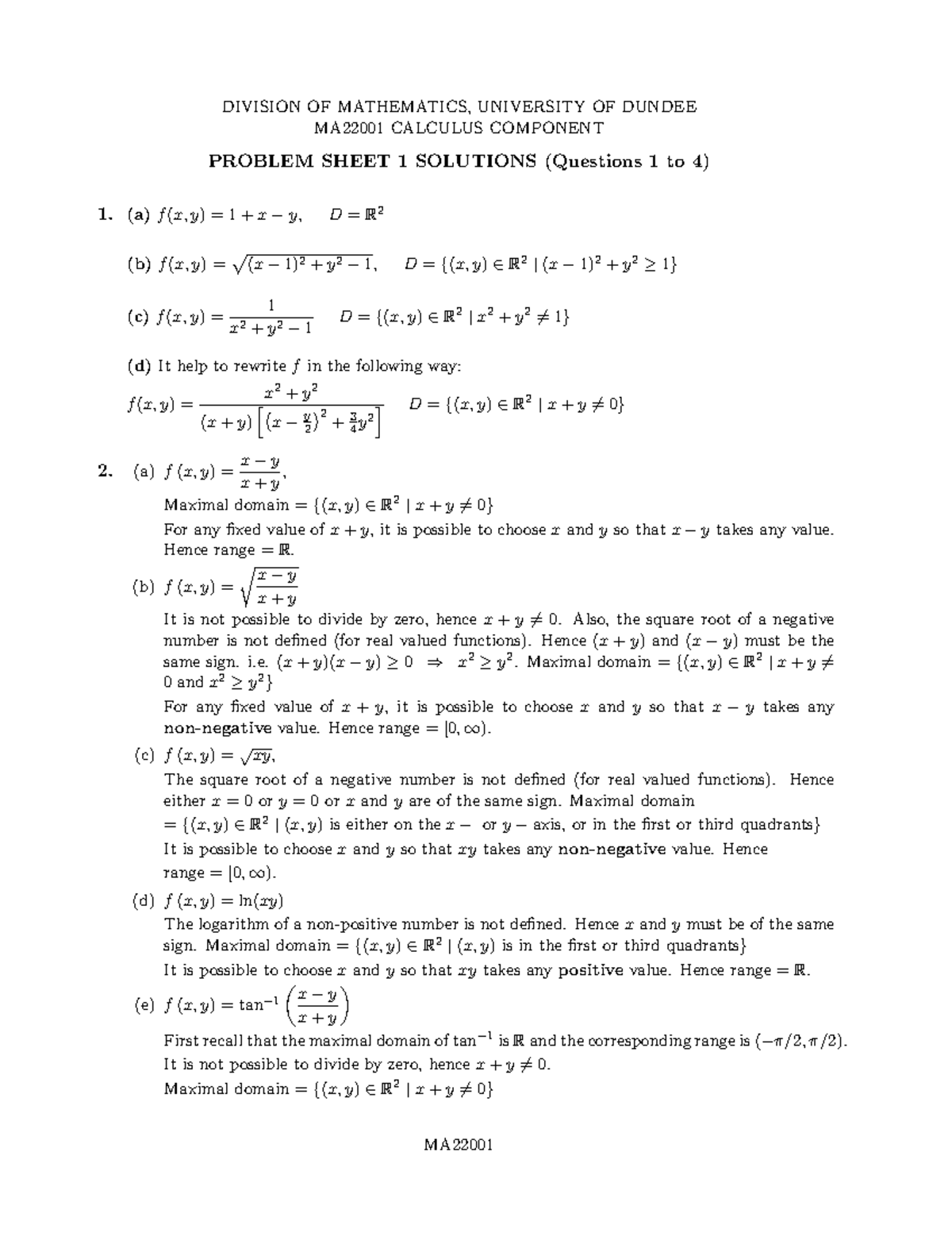 Calculus 1 - file 1 sol - DIVISION OF MATHEMATICS, UNIVERSITY OF DUNDEE ...