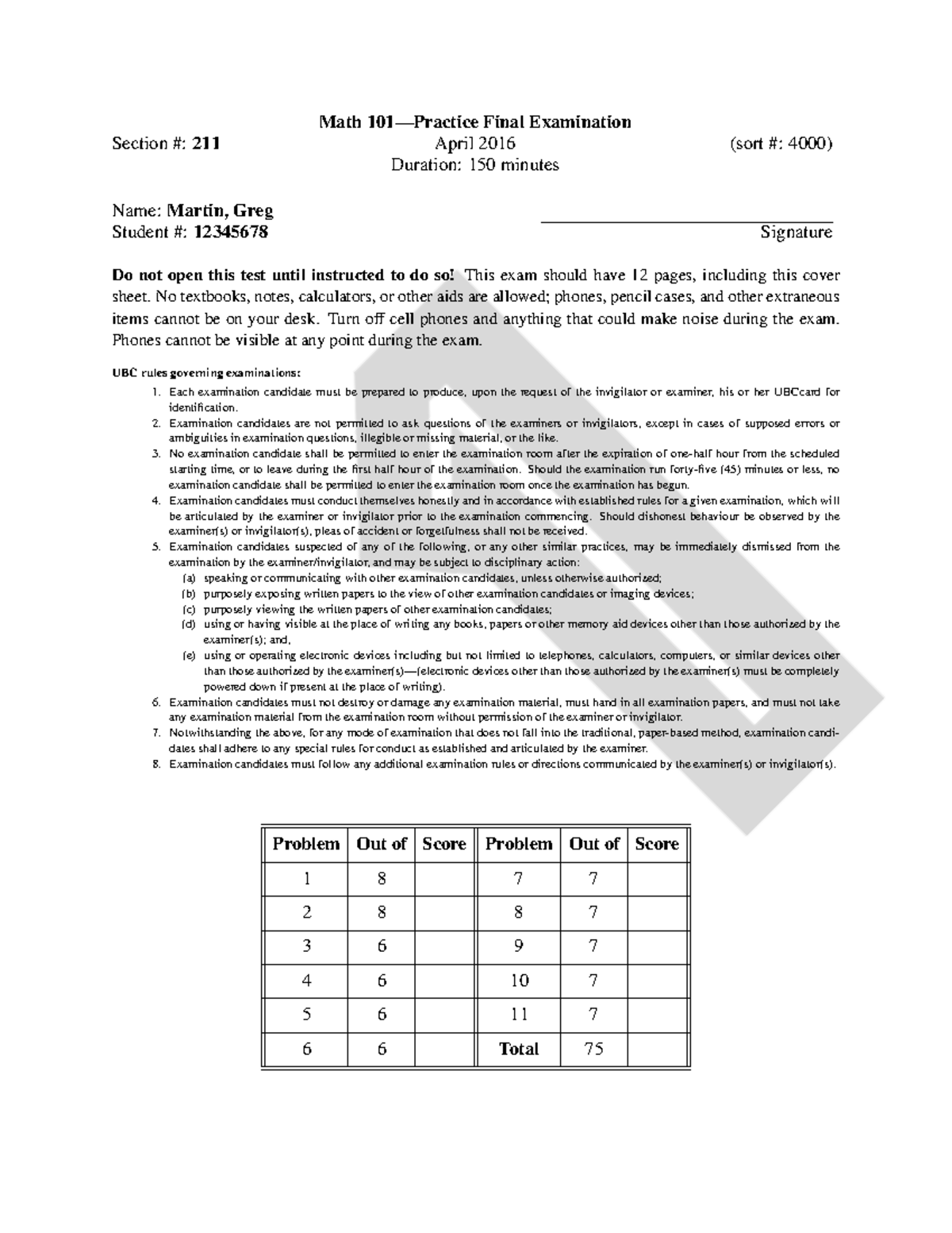 Sample/practice exam 7 april 2016, questions - Math 101—Practice Final ...