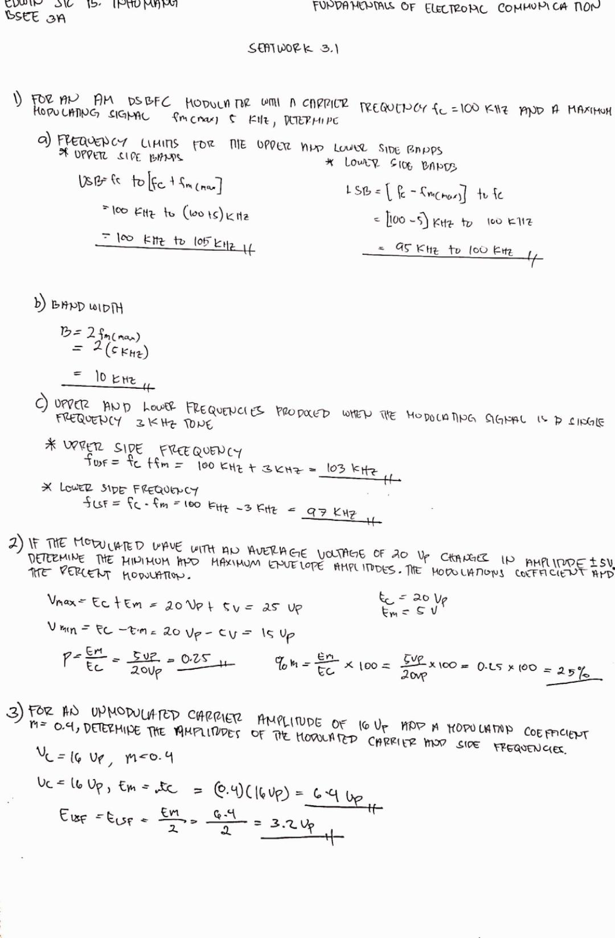 Fundamentals of Electronic Communication Seatwork 3-1 - Electrical Engineering - NVSU - Studocu