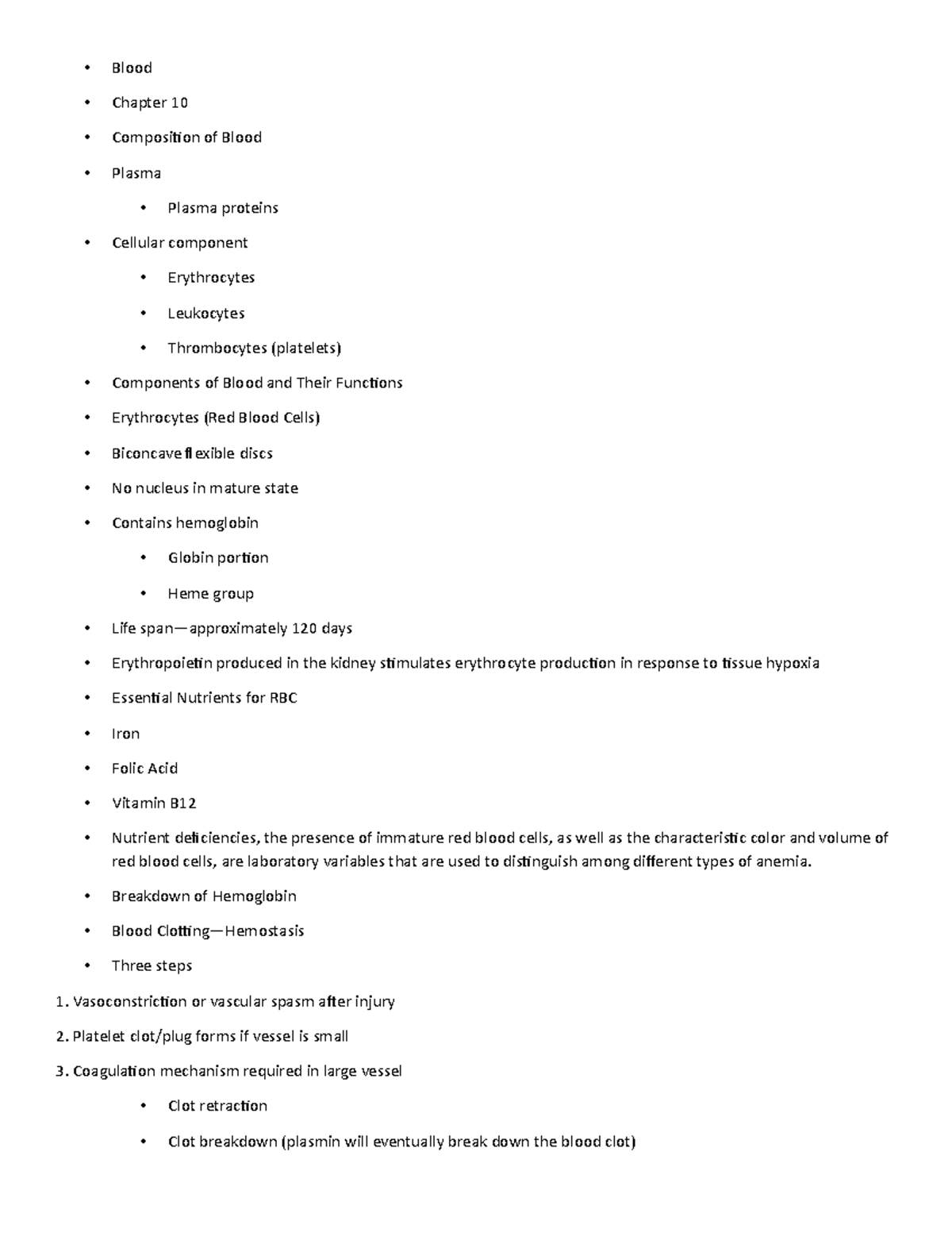 Blood outline summarized from powerpoint lecture - Blood Chapter 10 ...