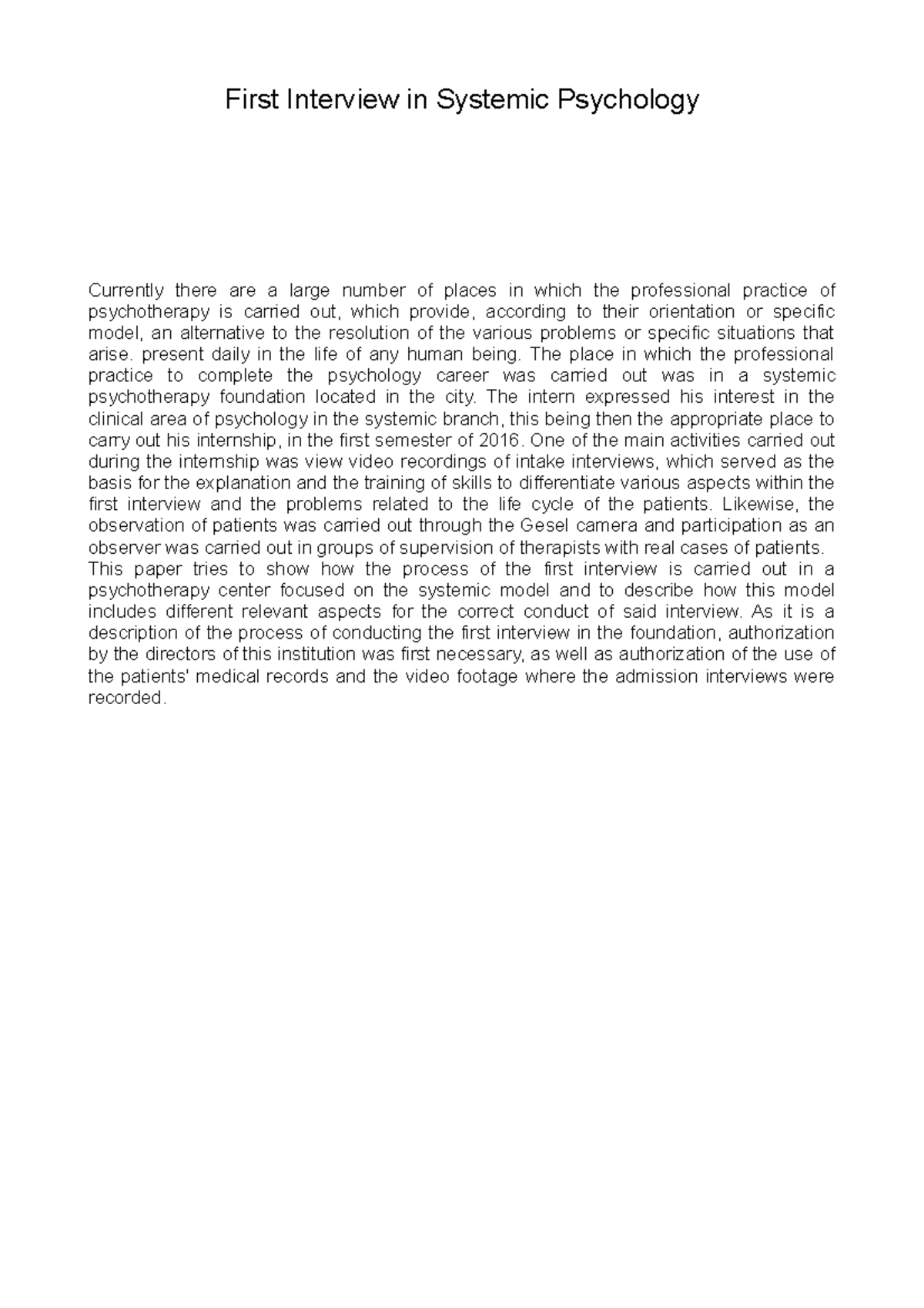 First Interview in Systemic Psychology - First Interview in Systemic ...