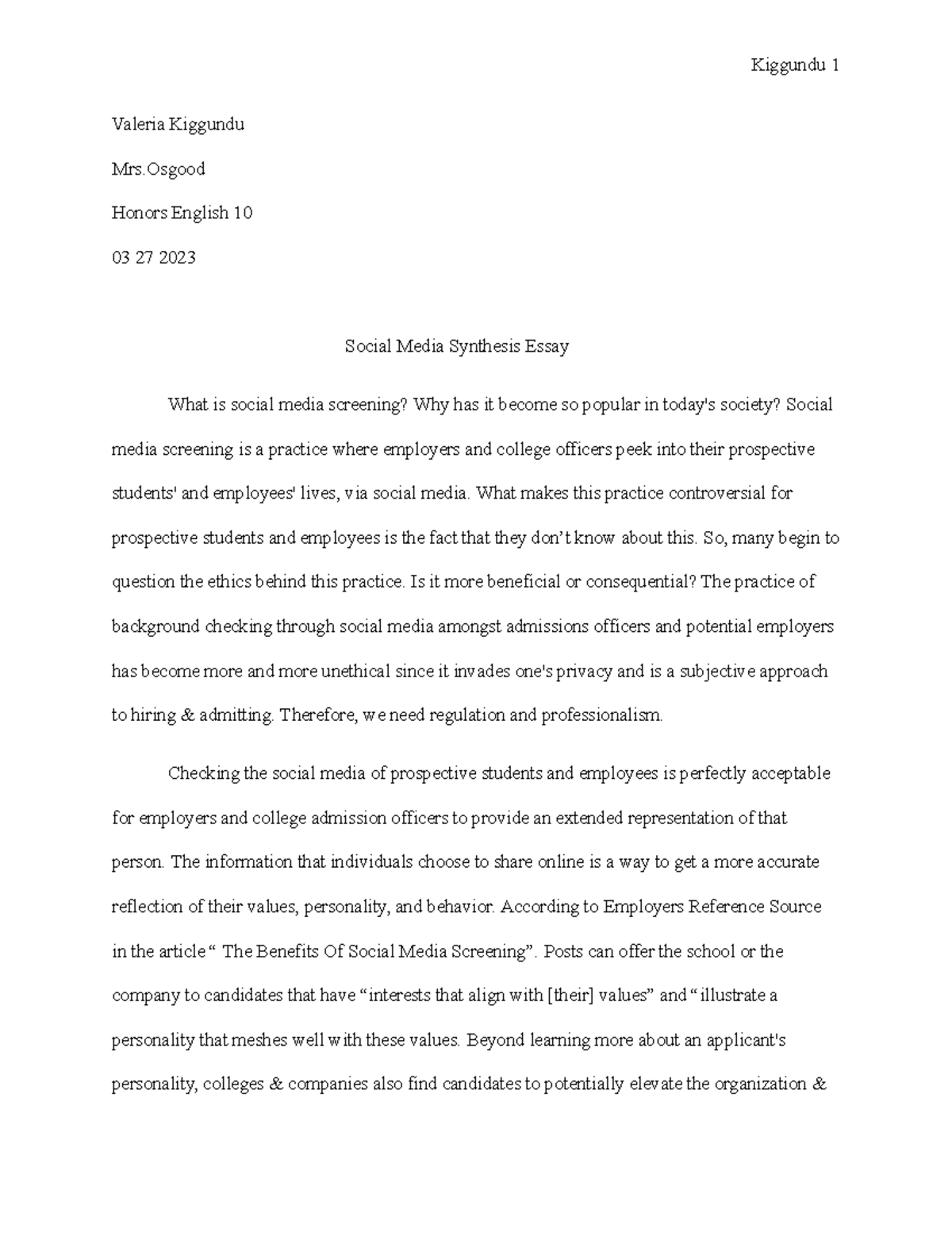 Social Media Synthesis Essay - Valeria Kiggundu Mrs Honors English 10 ...