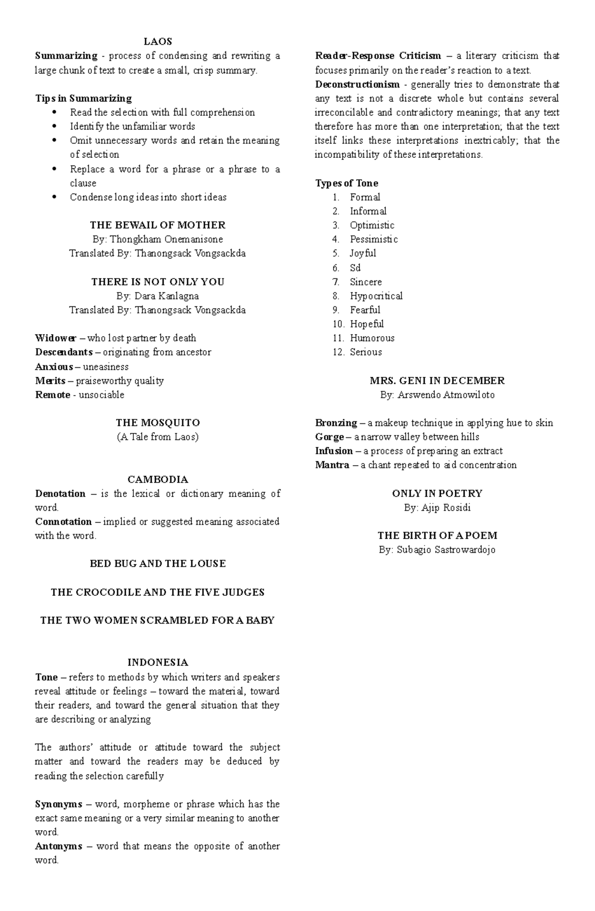 Asean Reviewer Laos Cambodia Indonesia - LAOS Summarizing - process of ...