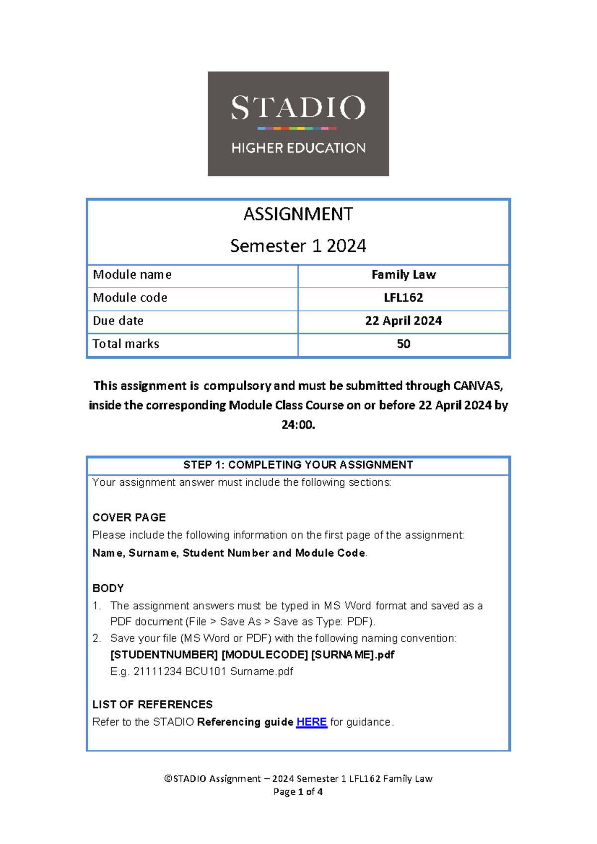 LFL162 2024 01 ASMT-1 - ©STADIO Assignment – 2024 Semester 1 LFL162 Family Law ASSIGNMENT ...