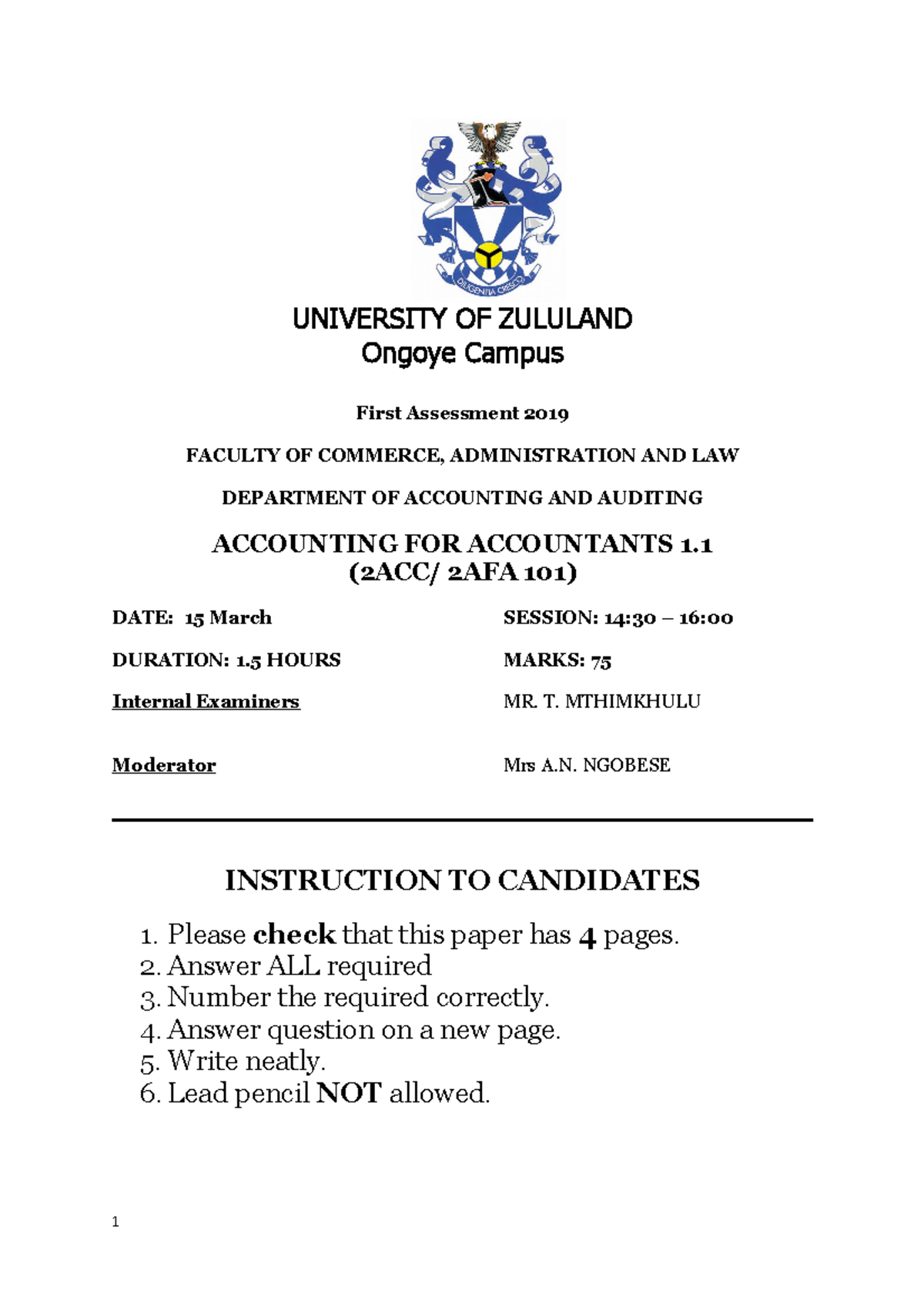 2acc 101 1A 2019 - 2acc 101 1A 2019 Activity - UNIVERSITY OF ZULULAND ...