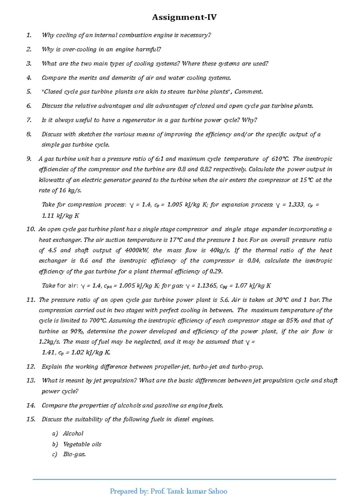Assignments-IV - Assignments-IV ON ICEGT - Internal Combustion Engines ...