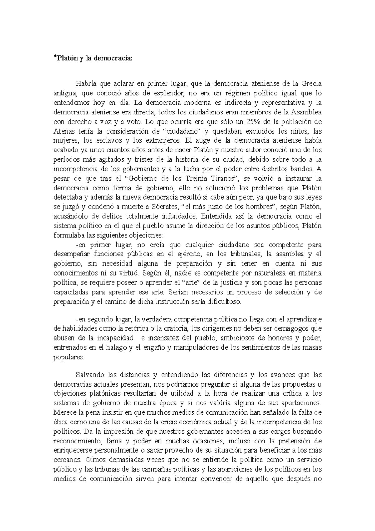 Platón y la democracia - Comparación filosofos - • Platón y la ...