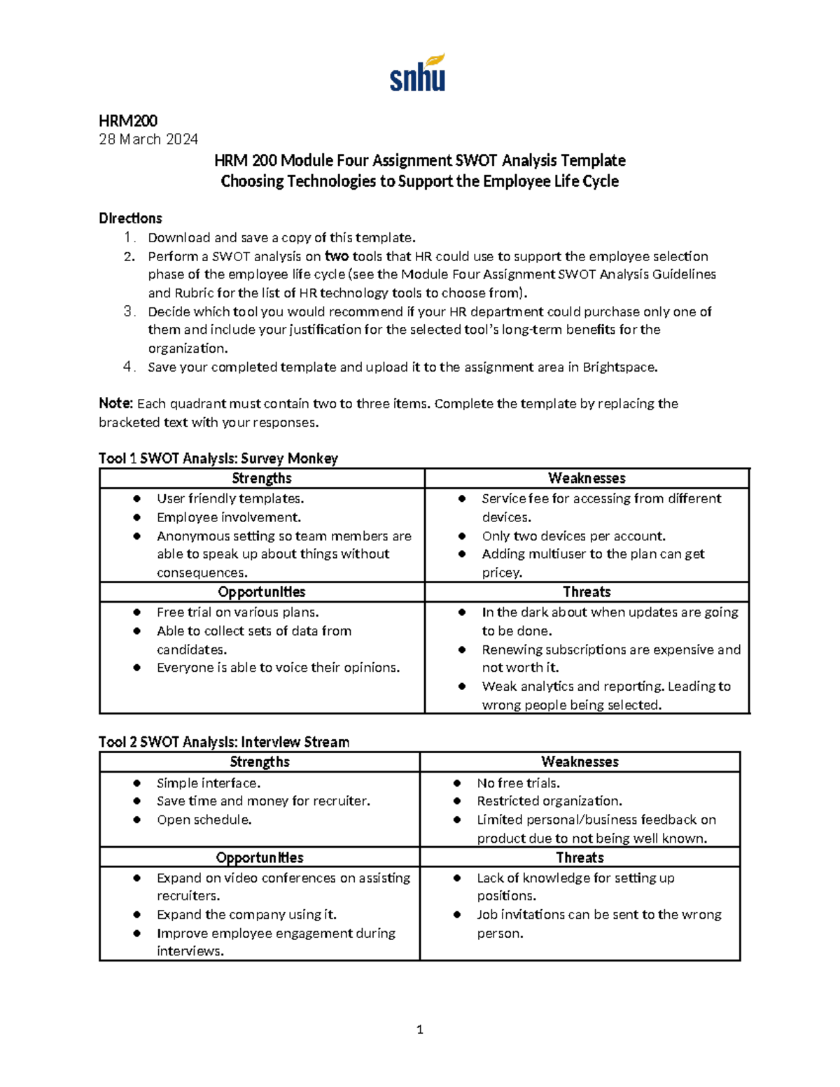 Swot - SWOT - HRM 28 March 2024 HRM 200 Module Four Assignment SWOT ...