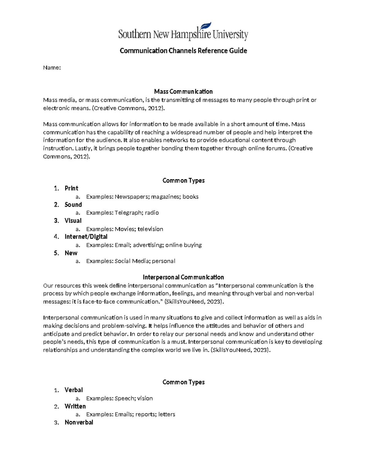 COM127 Module 2 - Communication Channels Reference Guide Name: Mass ...