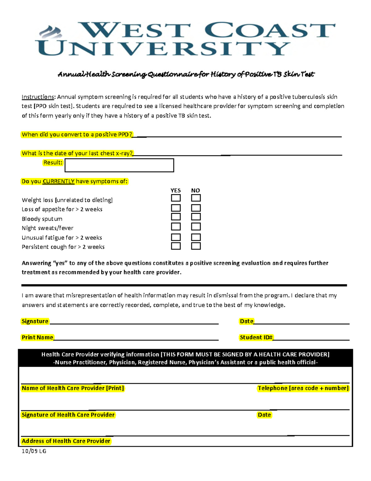Annual TB Questionnaire for Positive - Annual Health Screening ...
