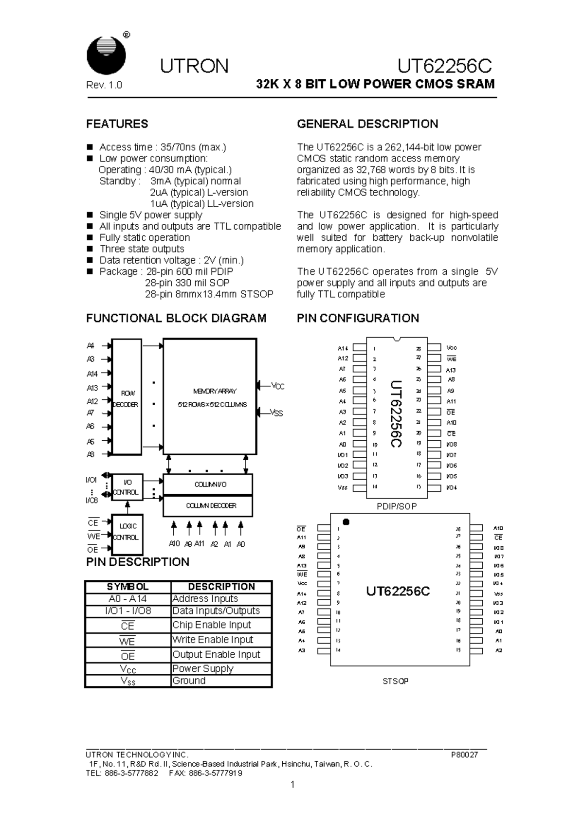 UT62256 C - Datasheet RAM 32kx8 - UTRON UT62256C Rev. 1 32K X 8 BIT LOW ...