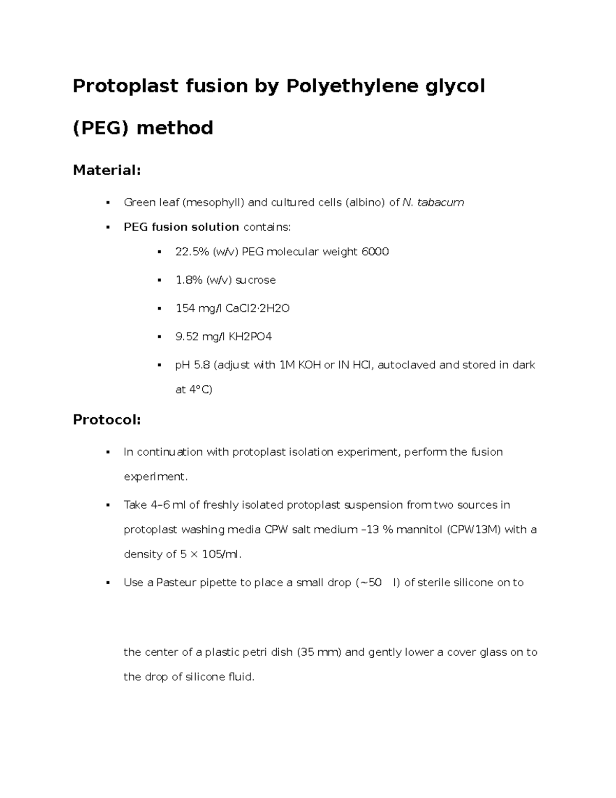 Biology Science 202 - Protoplast fusion by Polyethylene glycol (PEG ...