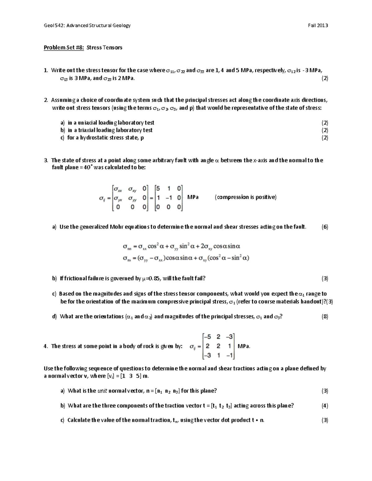 Problem Set 8: Stress Tensors - Geol 542: Advanced Structural Geology ...