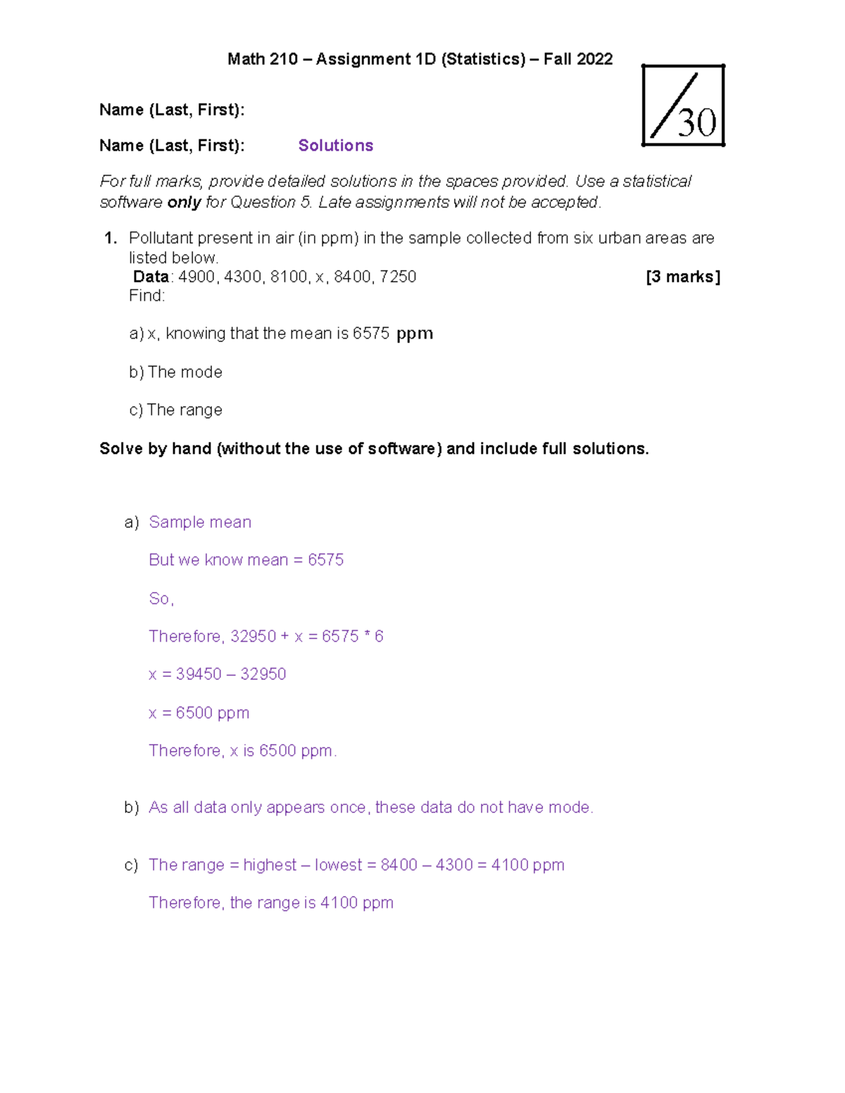 Math 210 - Assignment 1D - Statistics - Solutions - Name (Last, First ...