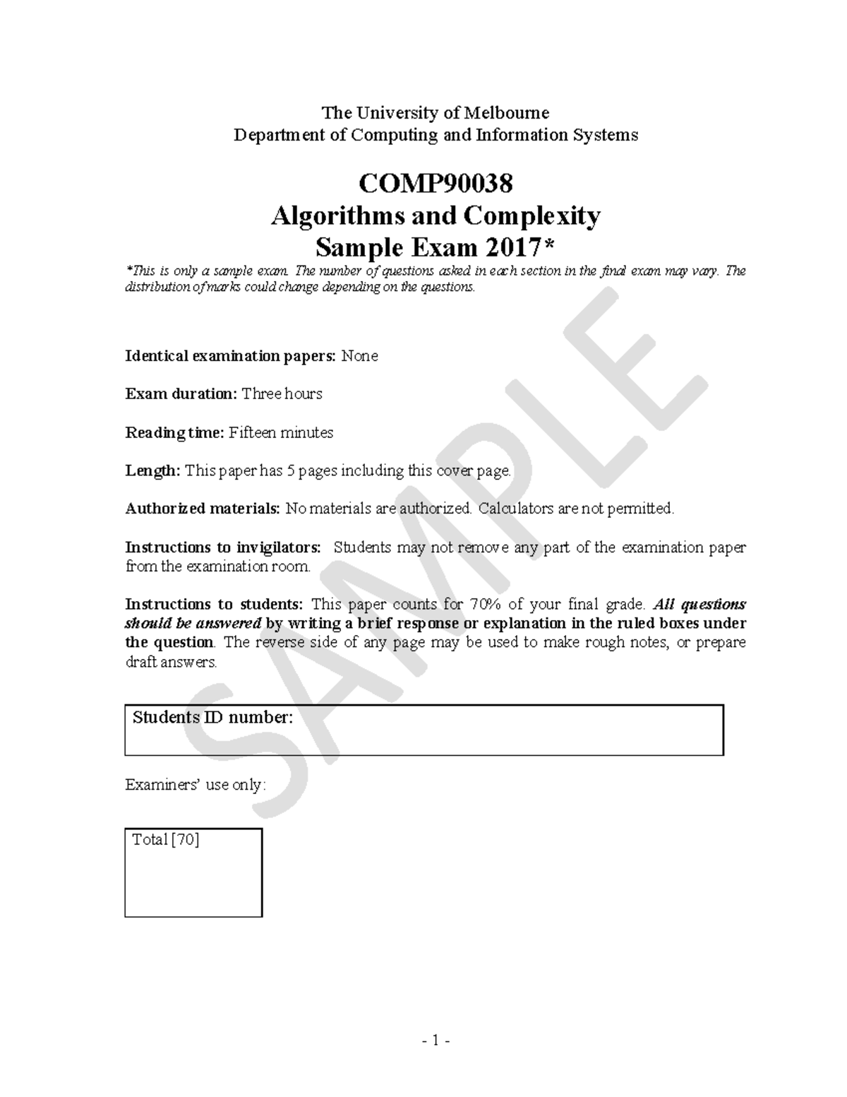 COMP90038 Algorithms and Complexity Sample Exam - Studocu