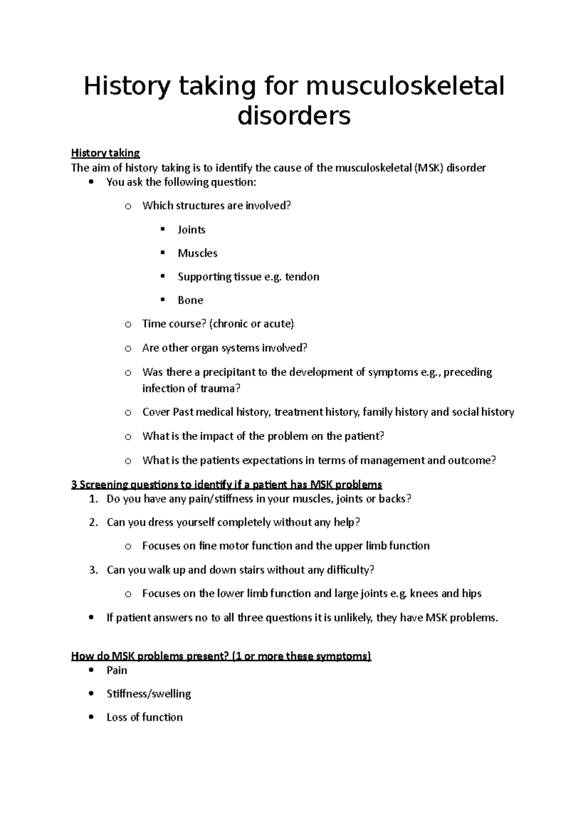 L01 History taking for musculoskeletal disorders - History taking for ...
