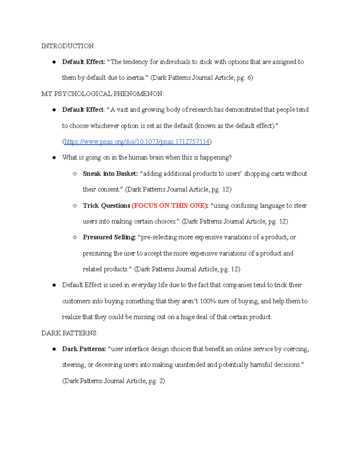 Default Effect Notes - INTRODUCTION: Default Effect: “The tendency for ...