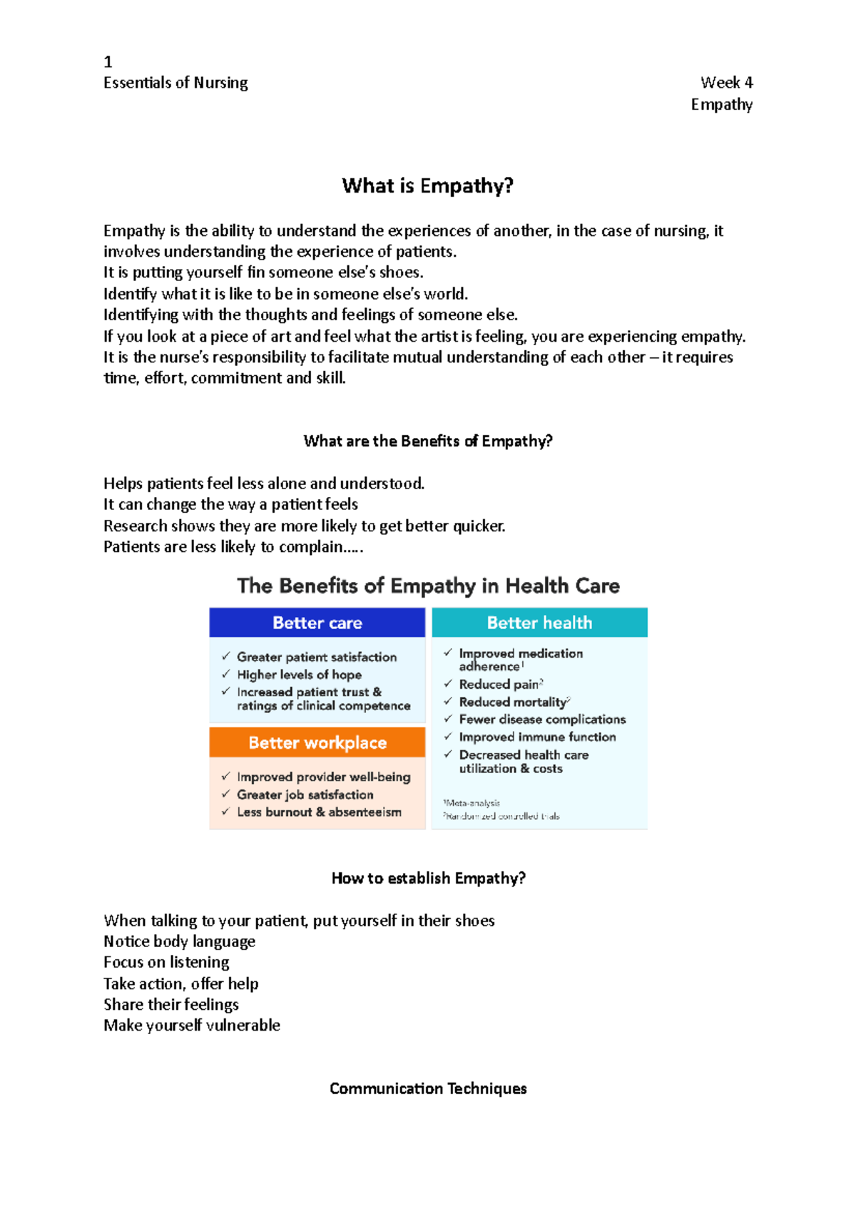 Week 4 - Lecture Notes - Empathy - 1 Essentials of Nursing Week 4 ...