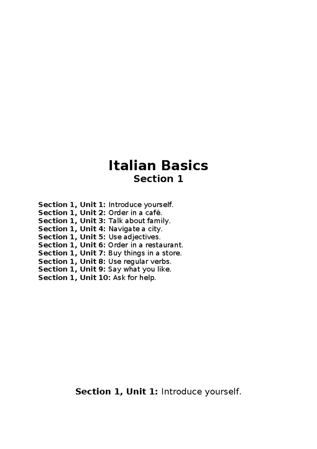 Italian Handbook - Italian Basics Section 1 Section 1, Unit 1 ...